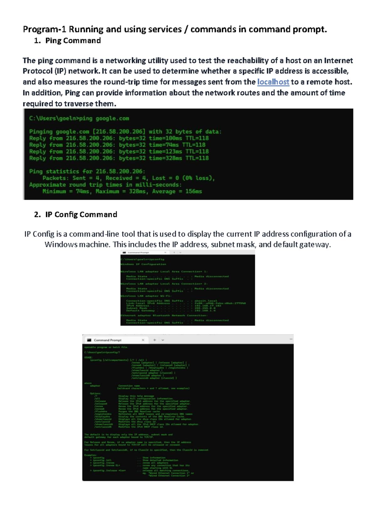 Computer Network Program list - Program-1 Running and using services / commands in command ...
