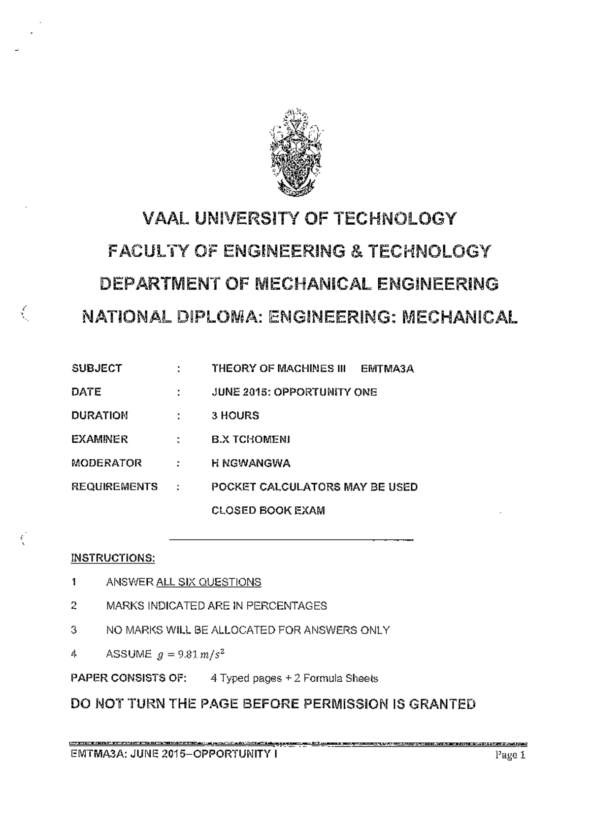 June 2015 theory of machines past exam - VUT - Studocu