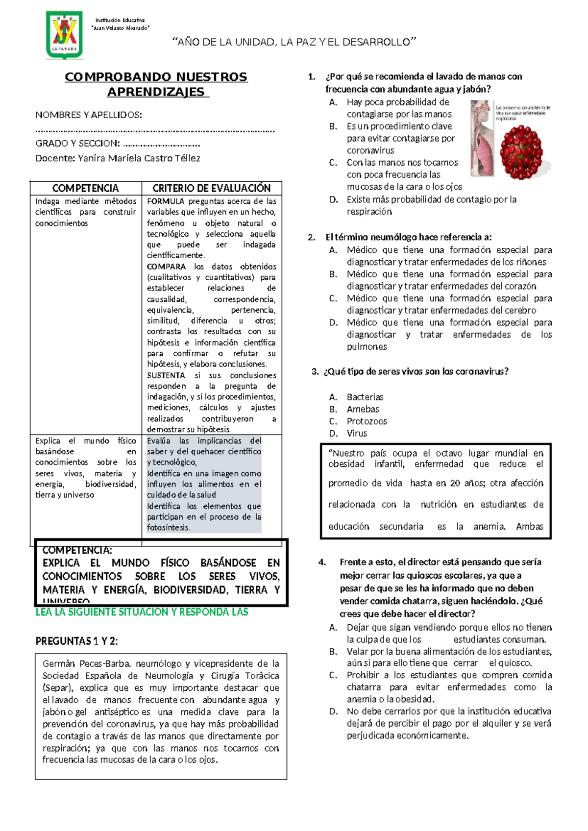 Comprobando Nuestros Aprendizajes - Institución Educativa “Juan Velasco Alvarado” “AÑO DE LA ...