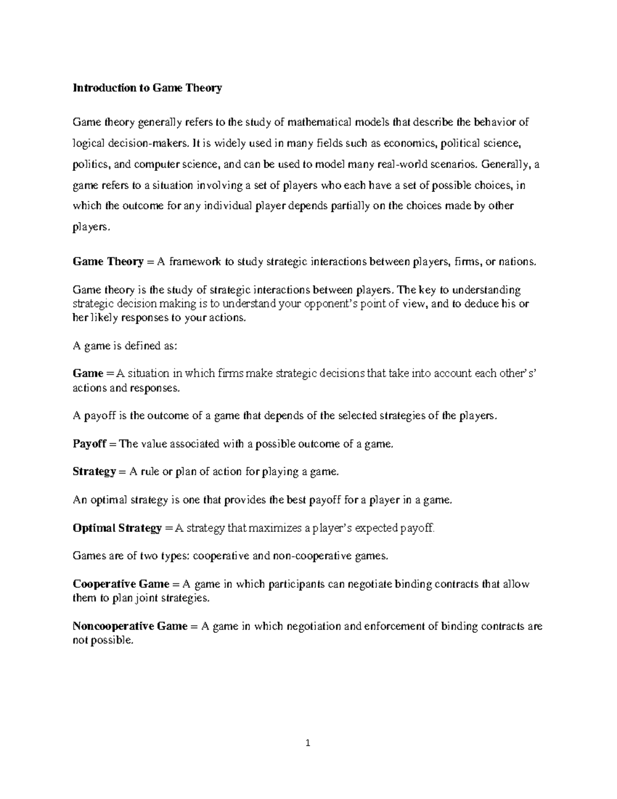 Game theory - Lecture notes 1 - Introduction to Game Theory Game theory ...