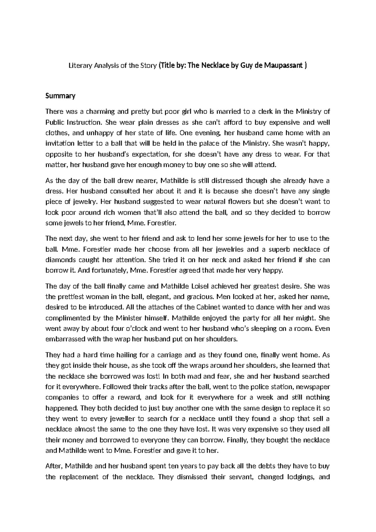 Literary Analysis - None - Literary Analysis of the Story (Title by ...