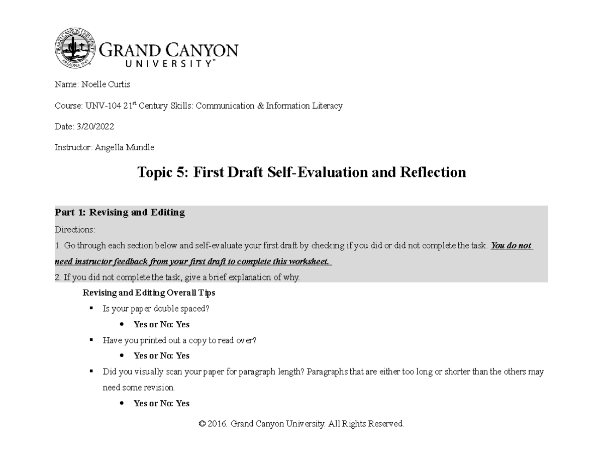UNV-104-RS-Topic 5 First Draft Self-Evaluationand Reflection - Name ...
