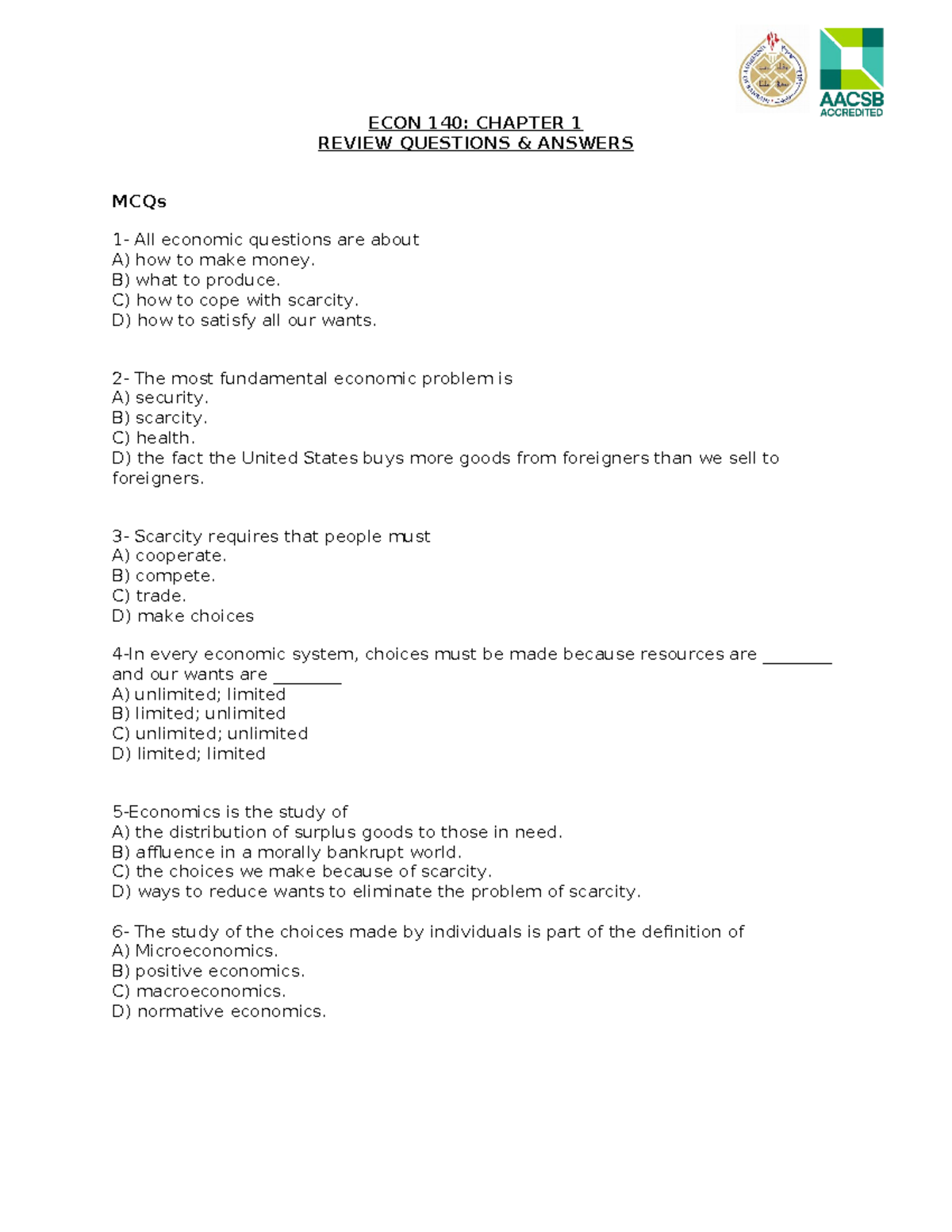 Chapter 1 Review questions with model answer(1) - ECON 140: CHAPTER 1 ...