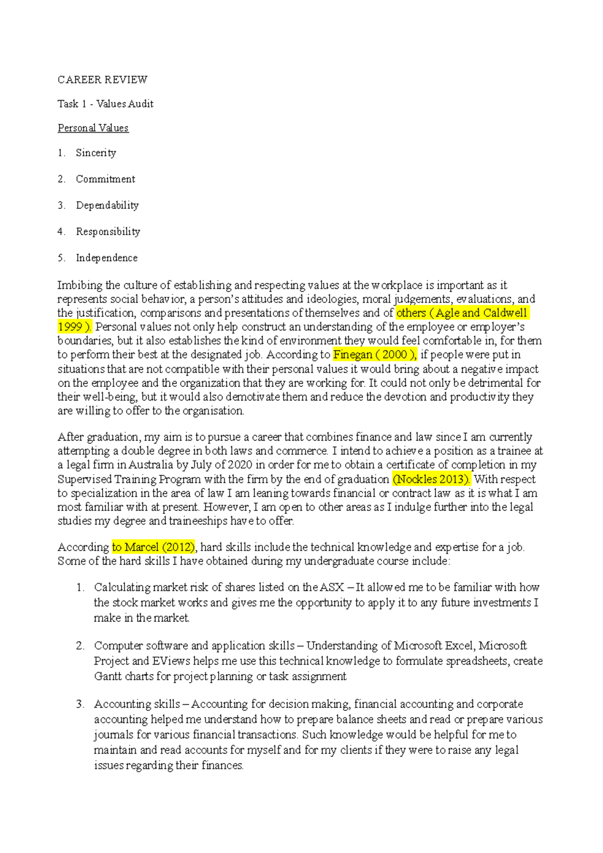 Career Review: Personal Values and Capabilities Audit - Studocu