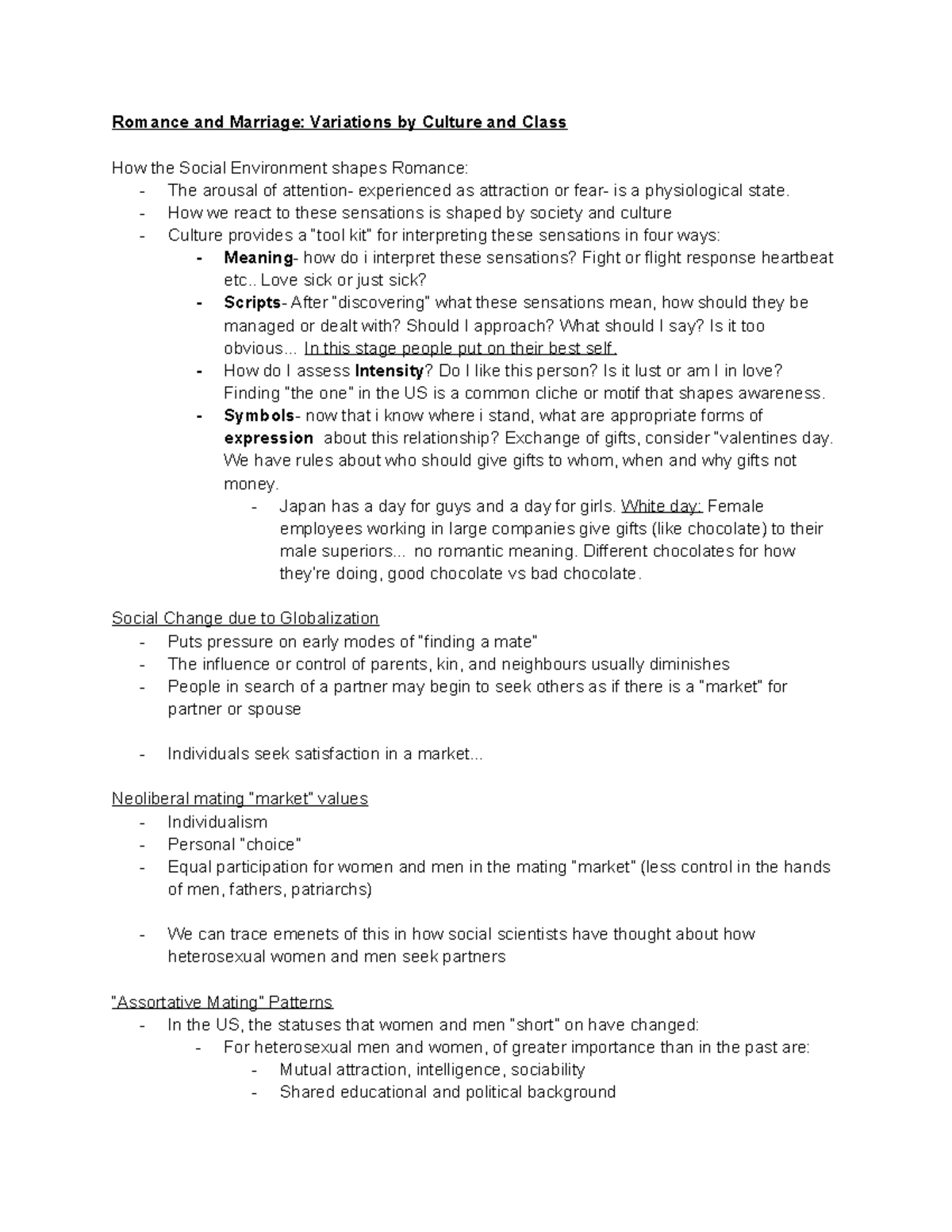 SOC 353 (Part 1) - SOC 353 Notes - Romance and Marriage: Variations by ...