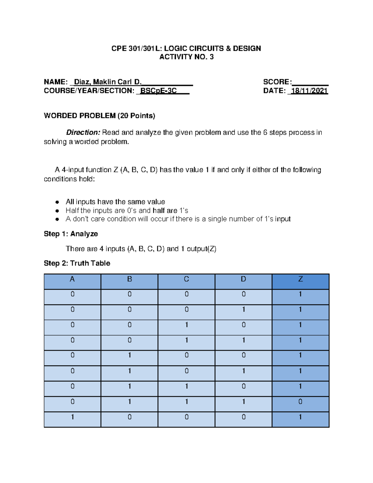 Diaz Maklin Carl D assignment no - CPE 301/301L: LOGIC CIRCUITS & DESIGN ACTIVITY NO. 3 NAME ...
