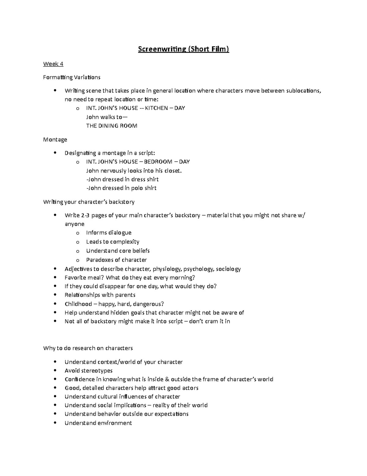 Screenwriting Week 4 Screenwriting Short Film Week 4 Formatting