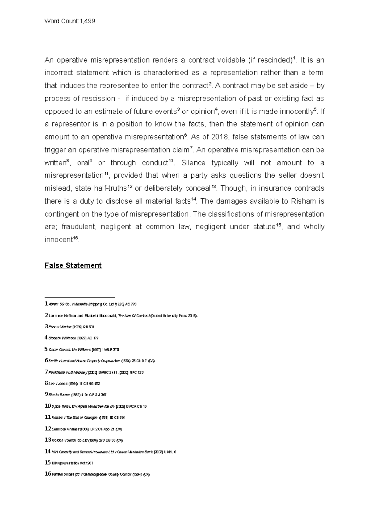 1st Class Answer: Misrepresentation Problem Question - An operative misrepresentation renders a ...