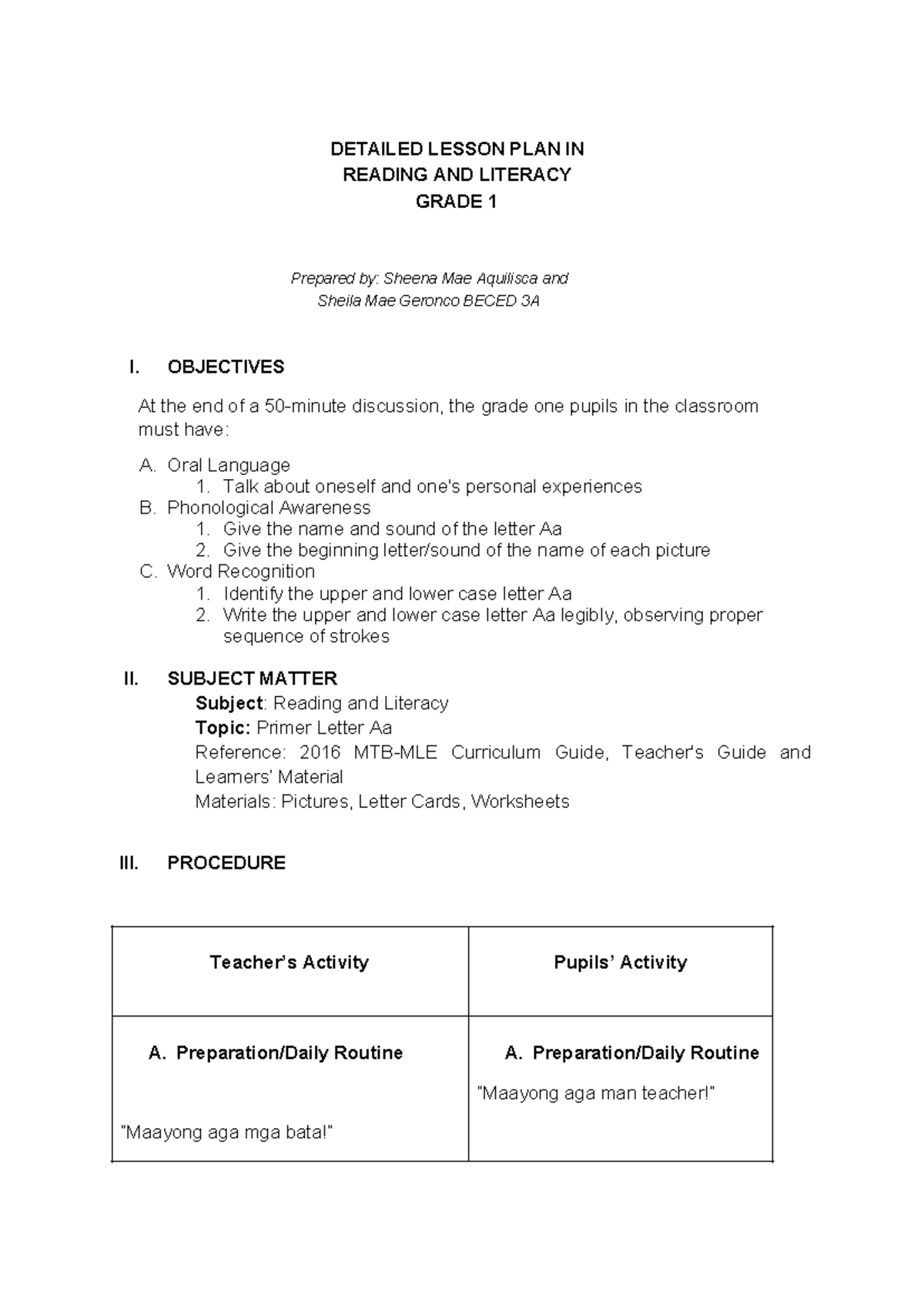 DLP Letter A - DETAILED LESSON PLAN IN READING AND LITERACY GRADE 1 ...