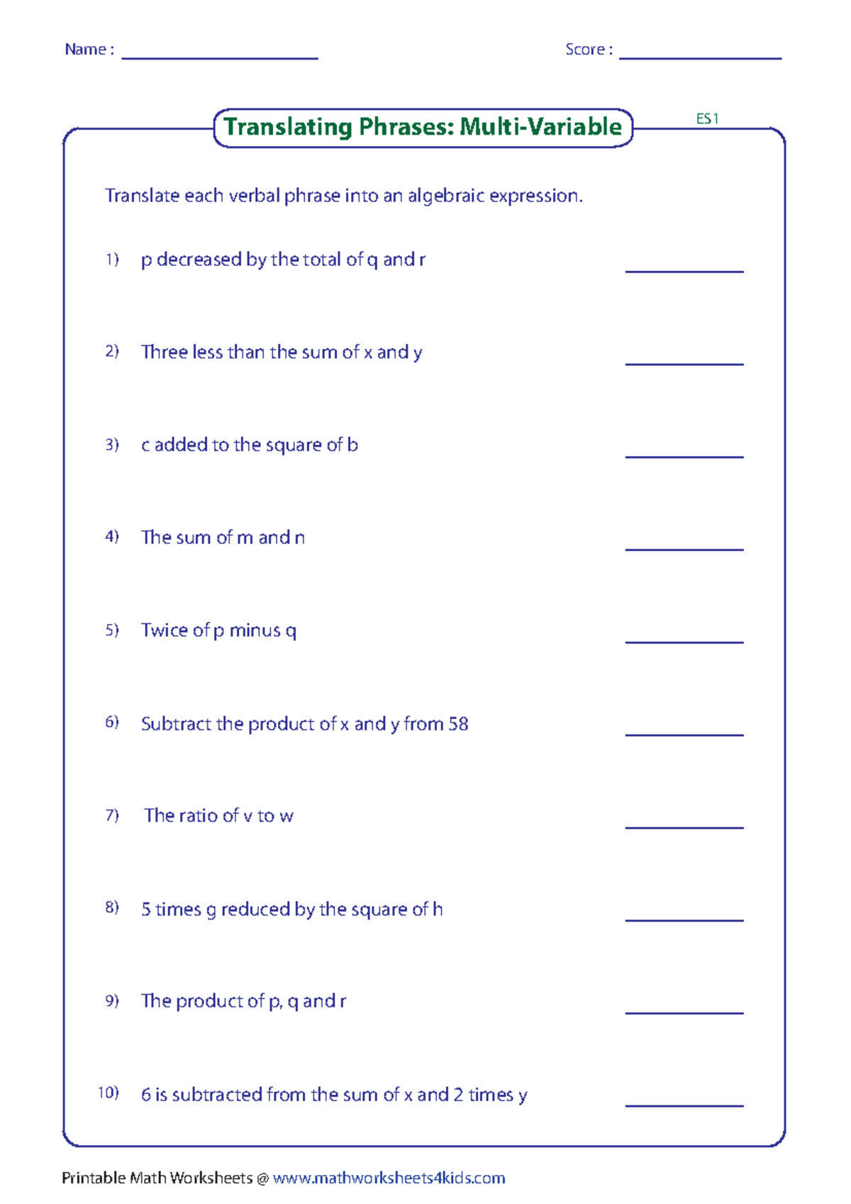 Translating phrases - N/A - Name : Score : Printable Math Worksheets ...