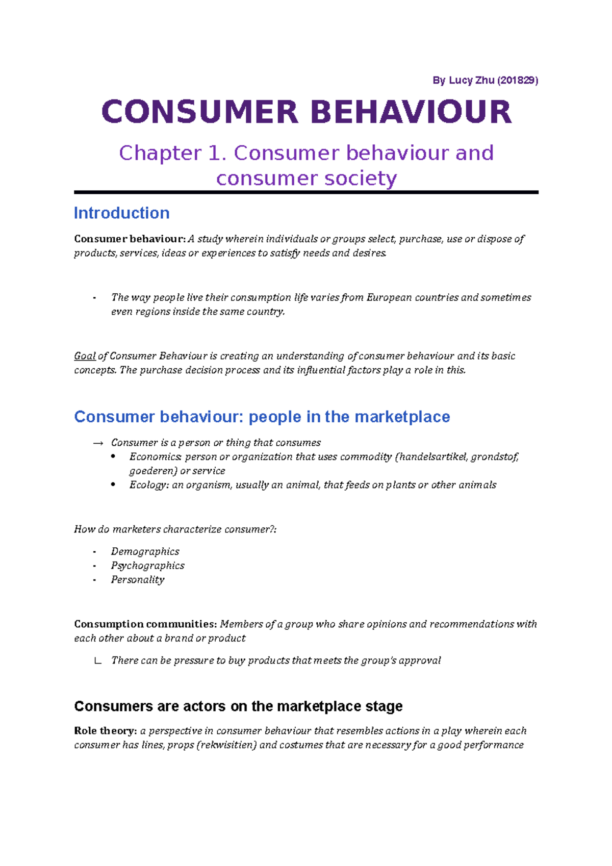 [COBE] Consumer Behaviour Summary - Lucy Zhu (201829) CONSUMER ...