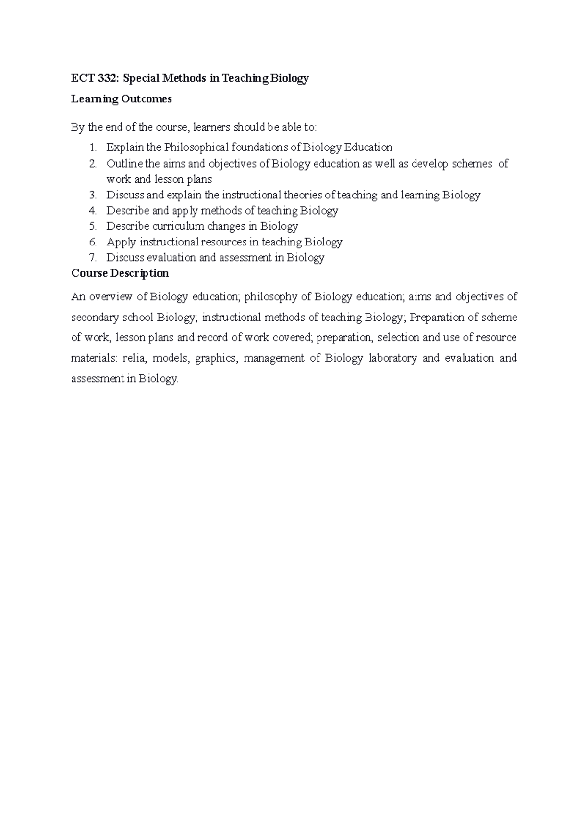 ECT 332 Biology Special Methods Course Outline - ECT 332: Special ...