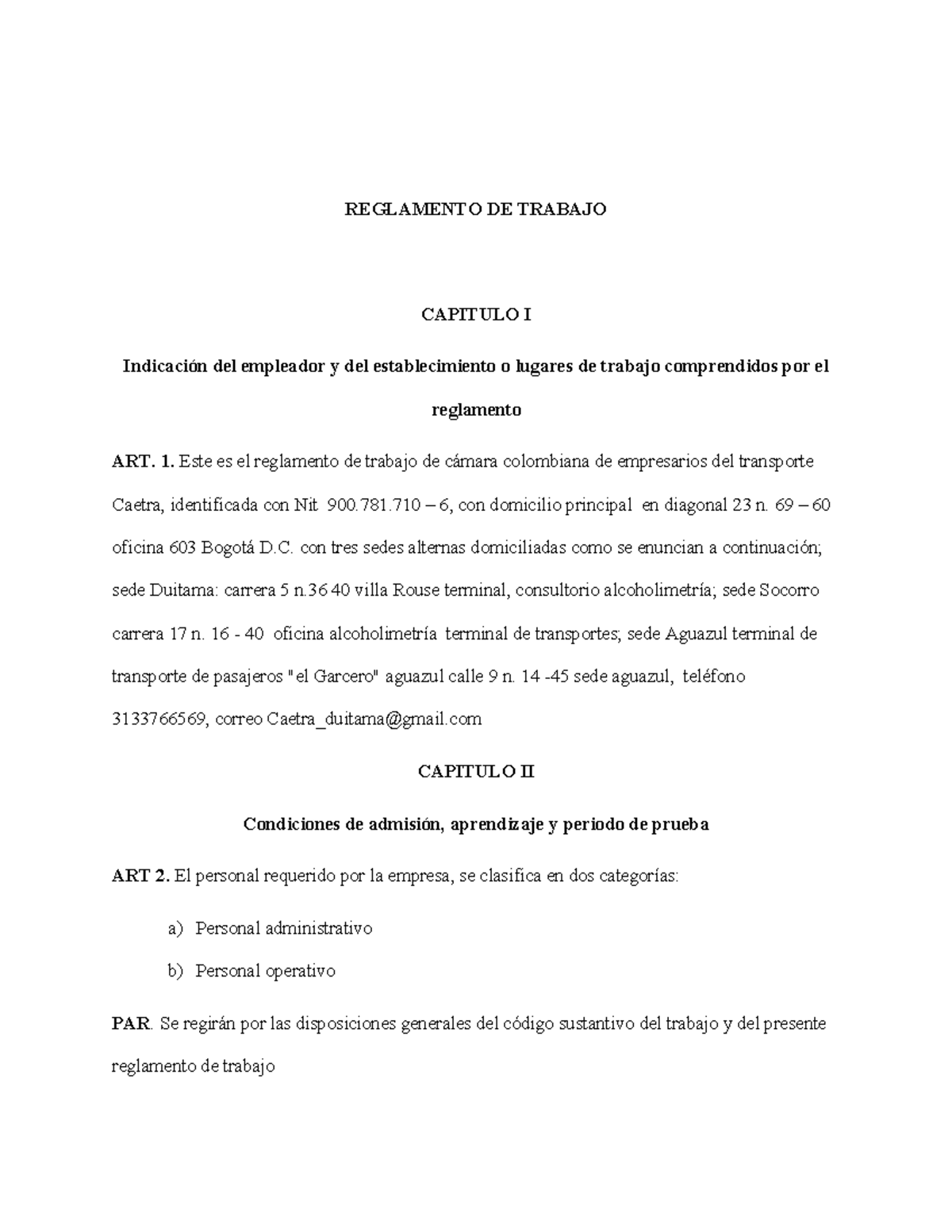 Reglamento DE Trabajo - Bbbnb - REGLAMENTO DE TRABAJO CAPITULO I ...