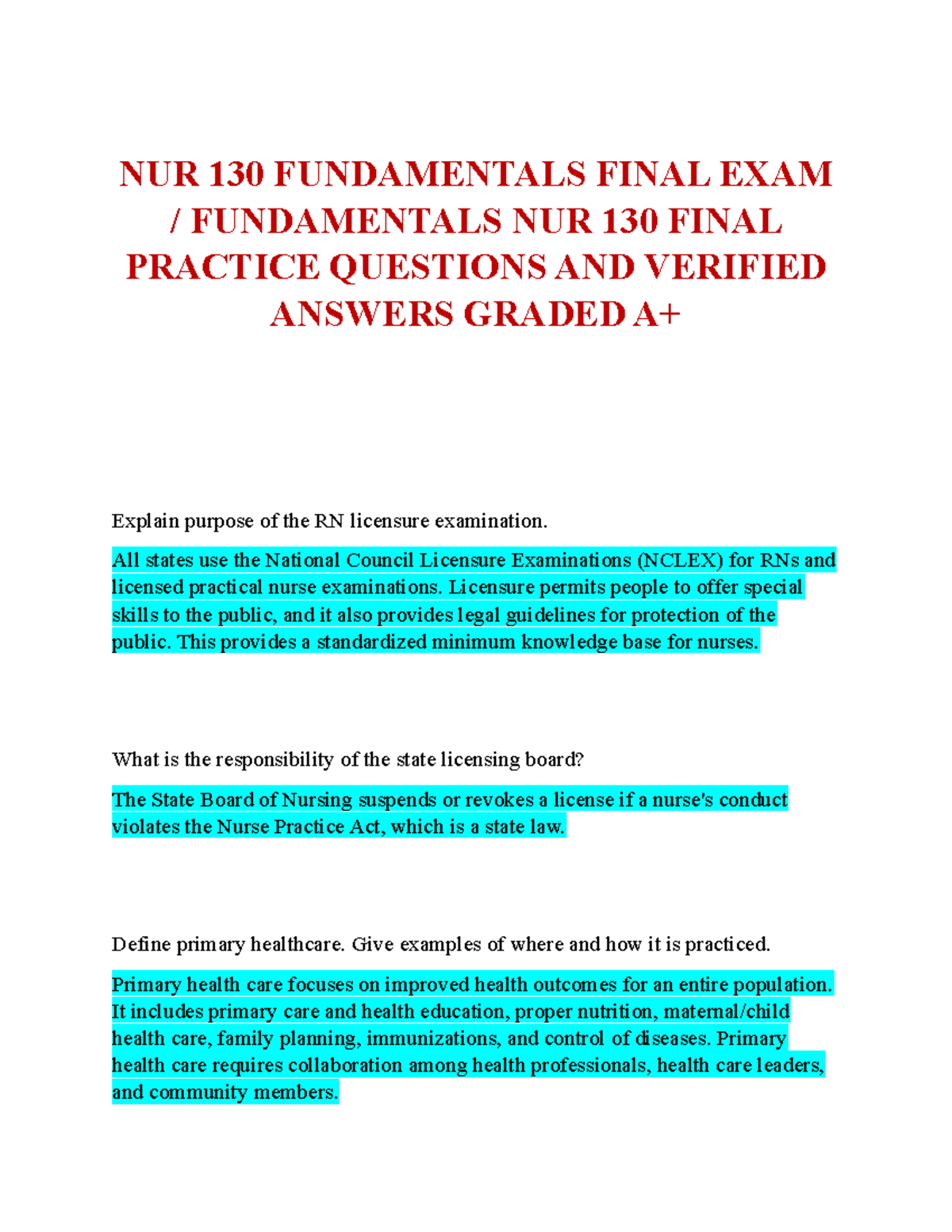 NUR 130 Fundamentals Final EXAM - NUR 130 FUNDAMENTALS FINAL EXAM ...