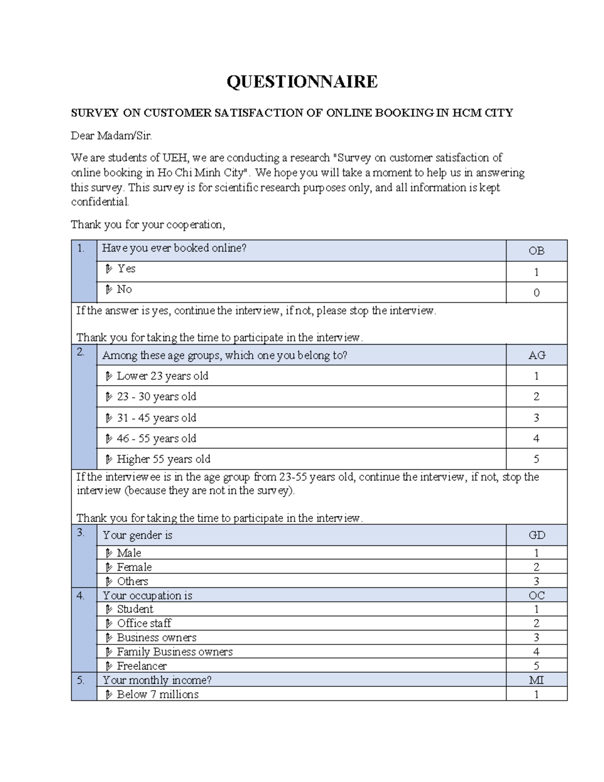 Questionnaire ( Sample) - QUESTIONNAIRE SURVEY ON CUSTOMER SATISFACTION ...