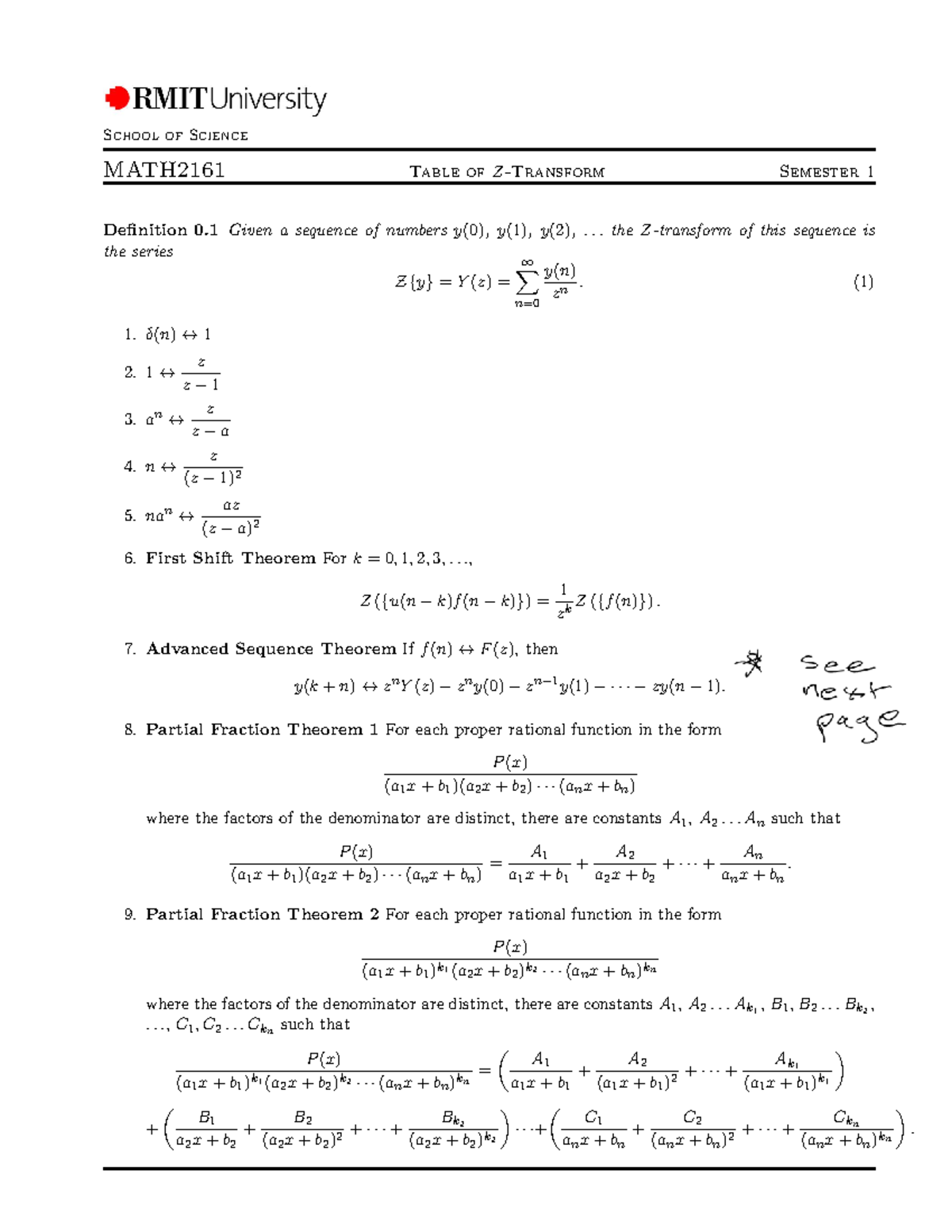 ZTable MATH2161 2024-2 - School of Science MATH2161 Table of Z-Transform Semester 1 Definition 0 ...