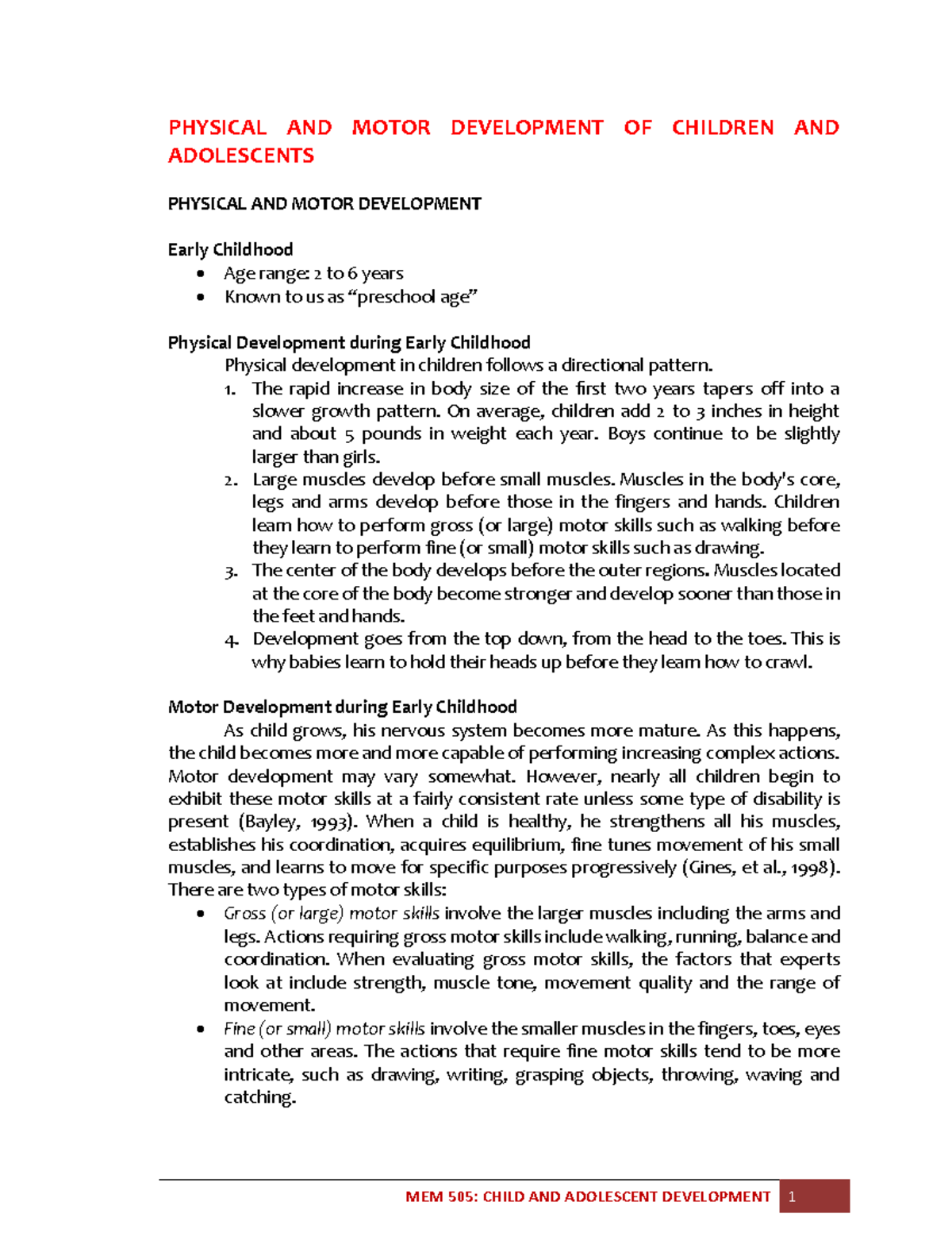 Physical and Motor Development of Children and Adolescents - PHYSICAL ...