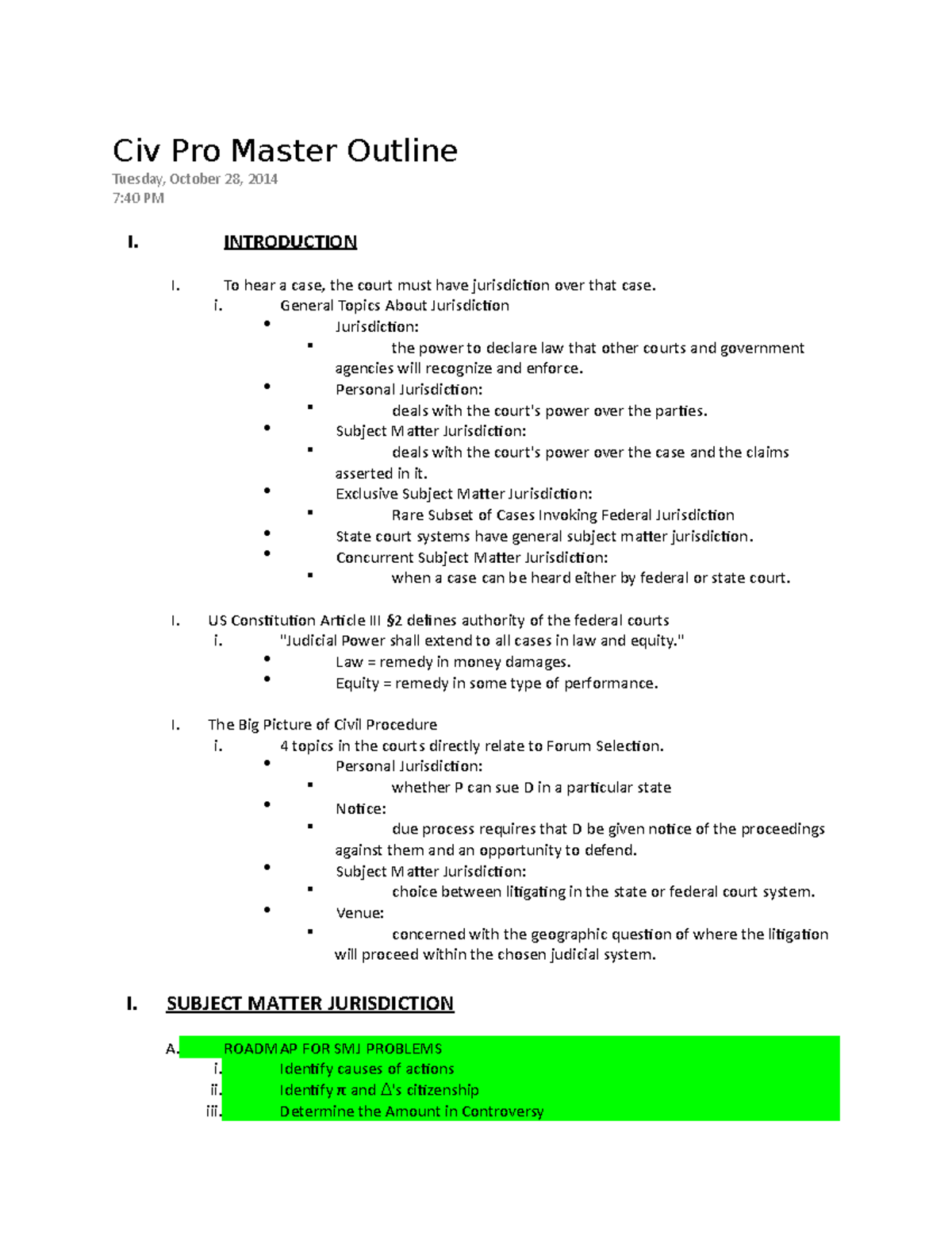 Civ Pro Master Outline - Summary Civil Procedure I - Civ Pro Master ...