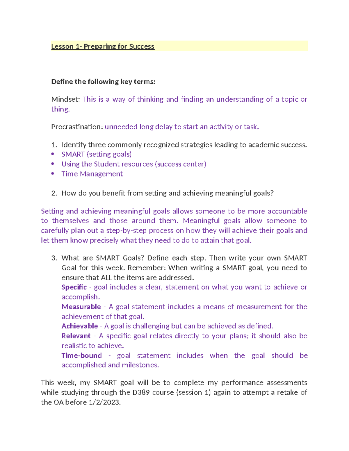 D389 Study Guide worksheet all modules - Lesson 1- Preparing for Success Define the following ...
