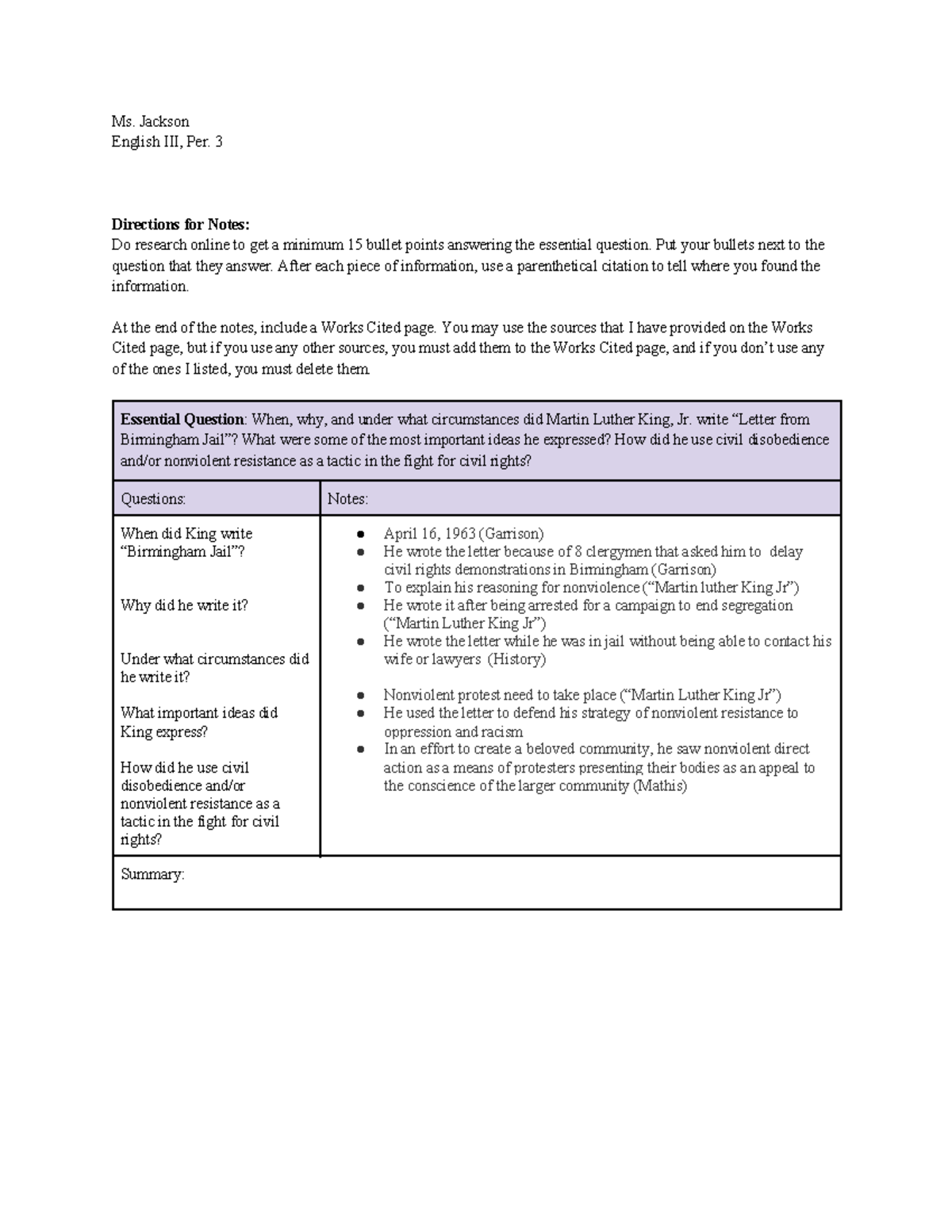 Donna Sanchez - Birmingham Jail Background Notes - Ms. Jackson English ...