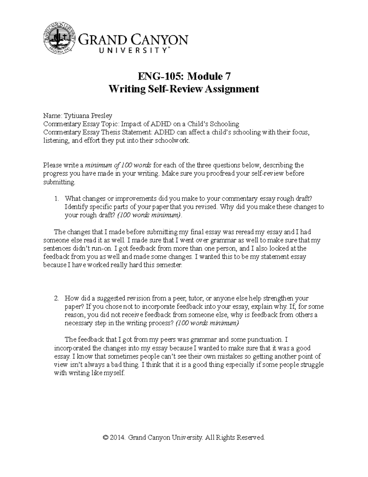 ENG105 Self Review Assignment TPresley - ENG-105: Module 7 Writing Self ...