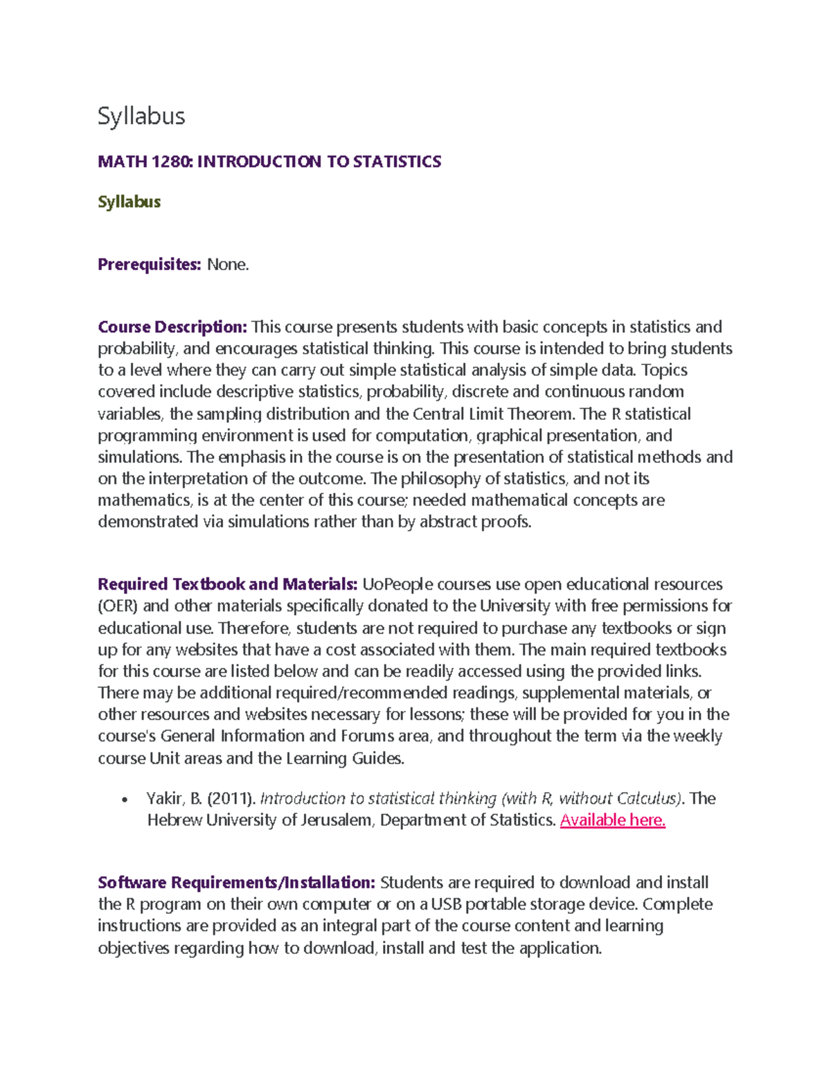 Math 1280 Syllabus Syllabus Math 1280 Introduction To Statistics Syllabus Prerequisites None