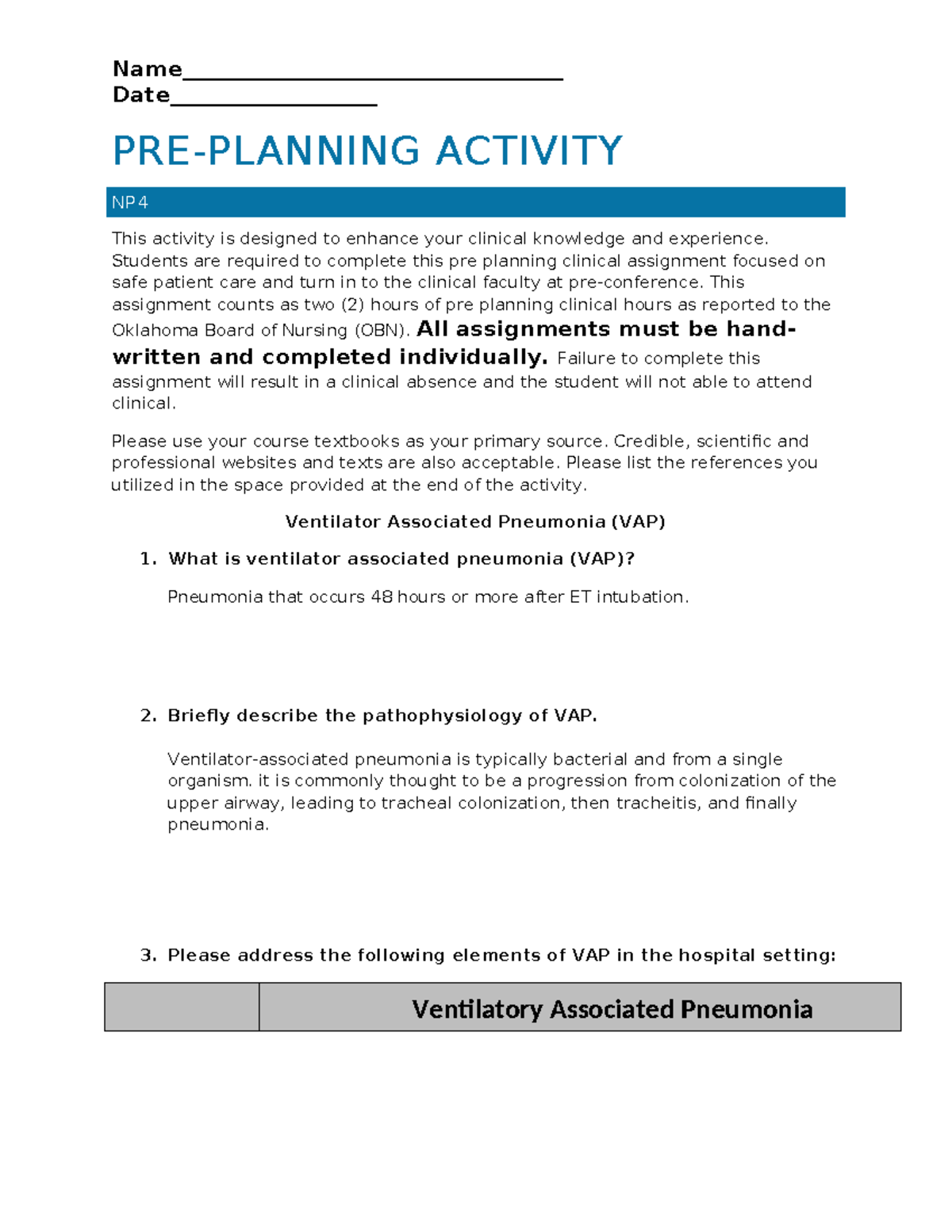 Pre Plan #6 VAP - Name___________________________________ Date ...