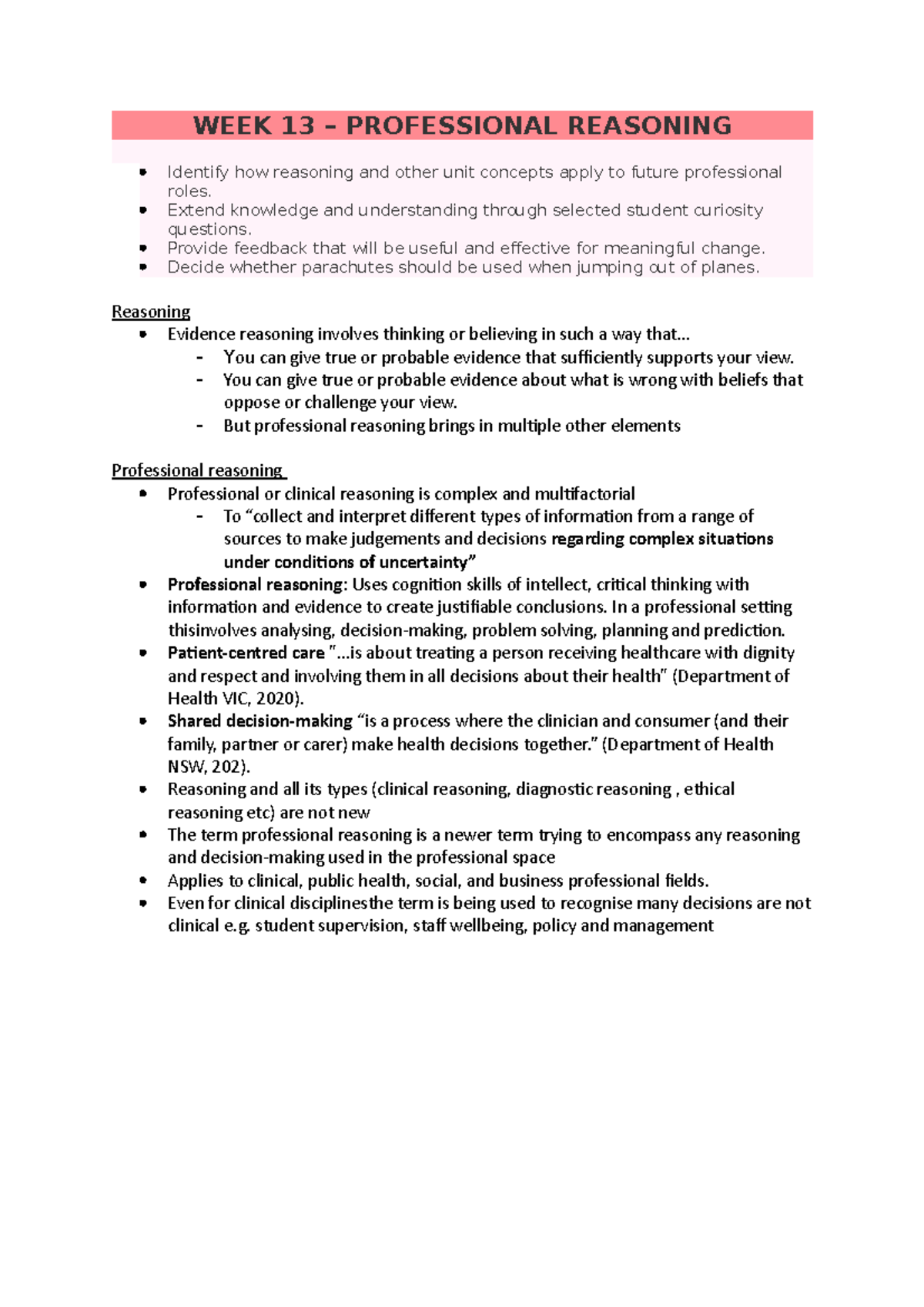 WEEK 13 - Lecture notes - WEEK 13 – PROFESSIONAL REASONING Identify how ...