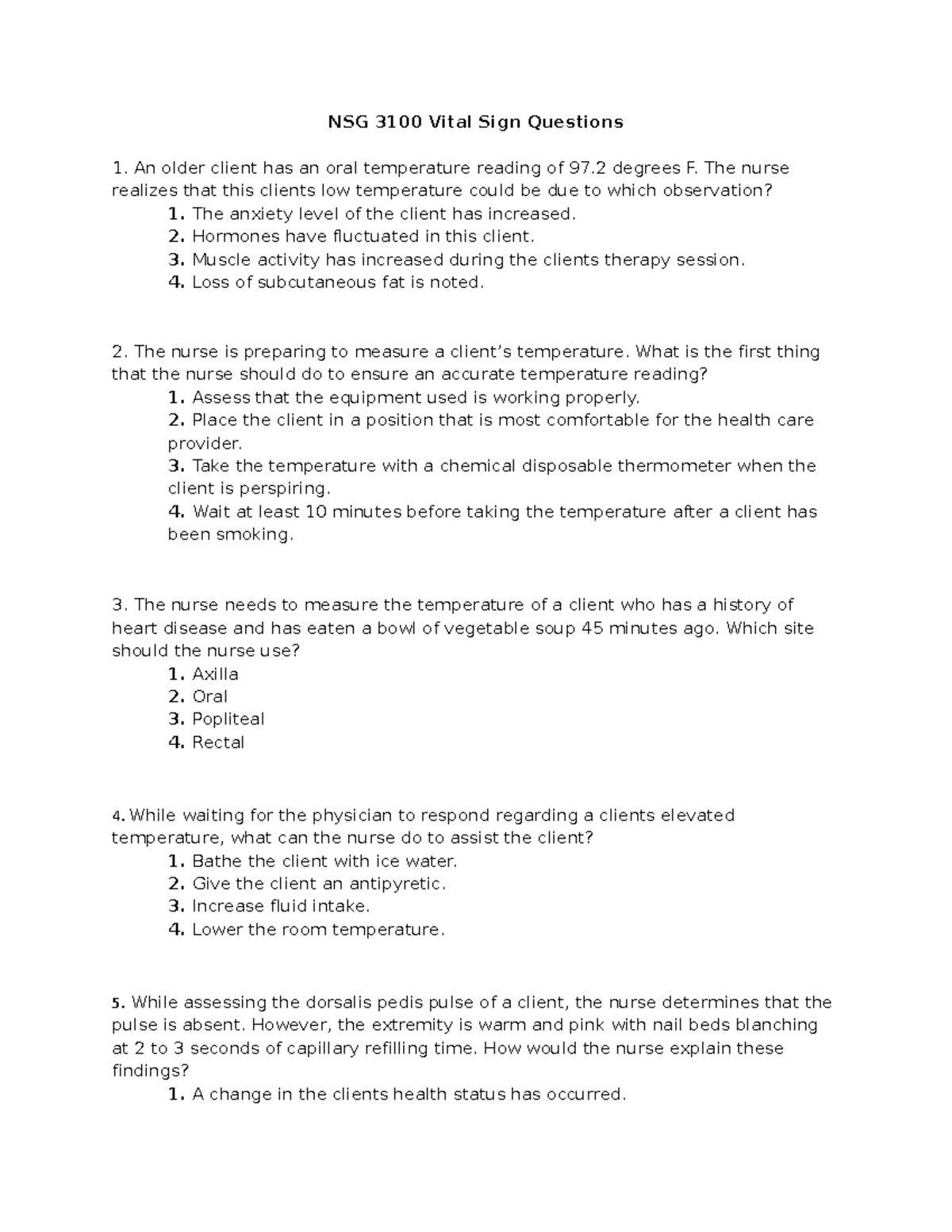 NSG 3100 Vital Sign Questions revised 2023 - NSG 3100 - Studocu