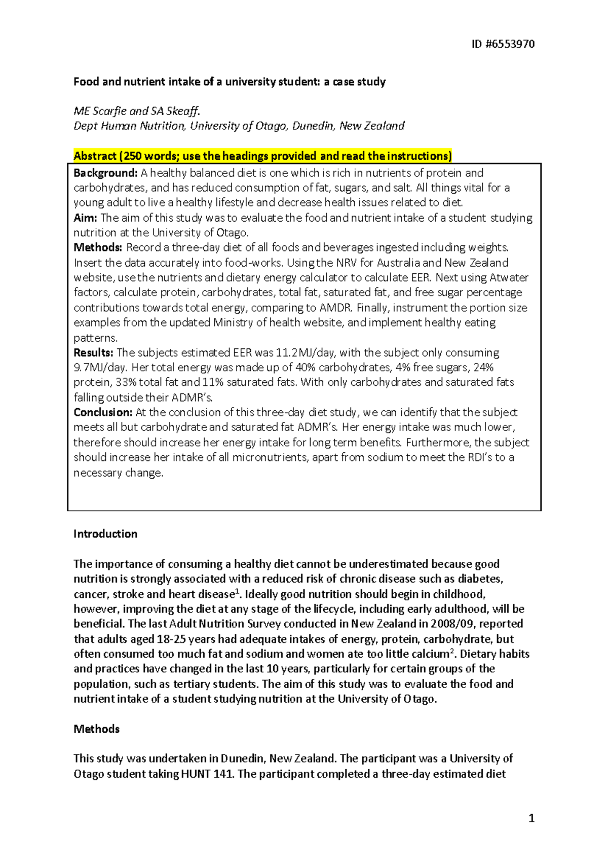 HUNT141 Written Assessment - Food and nutrient intake of a university student: a case study ME ...