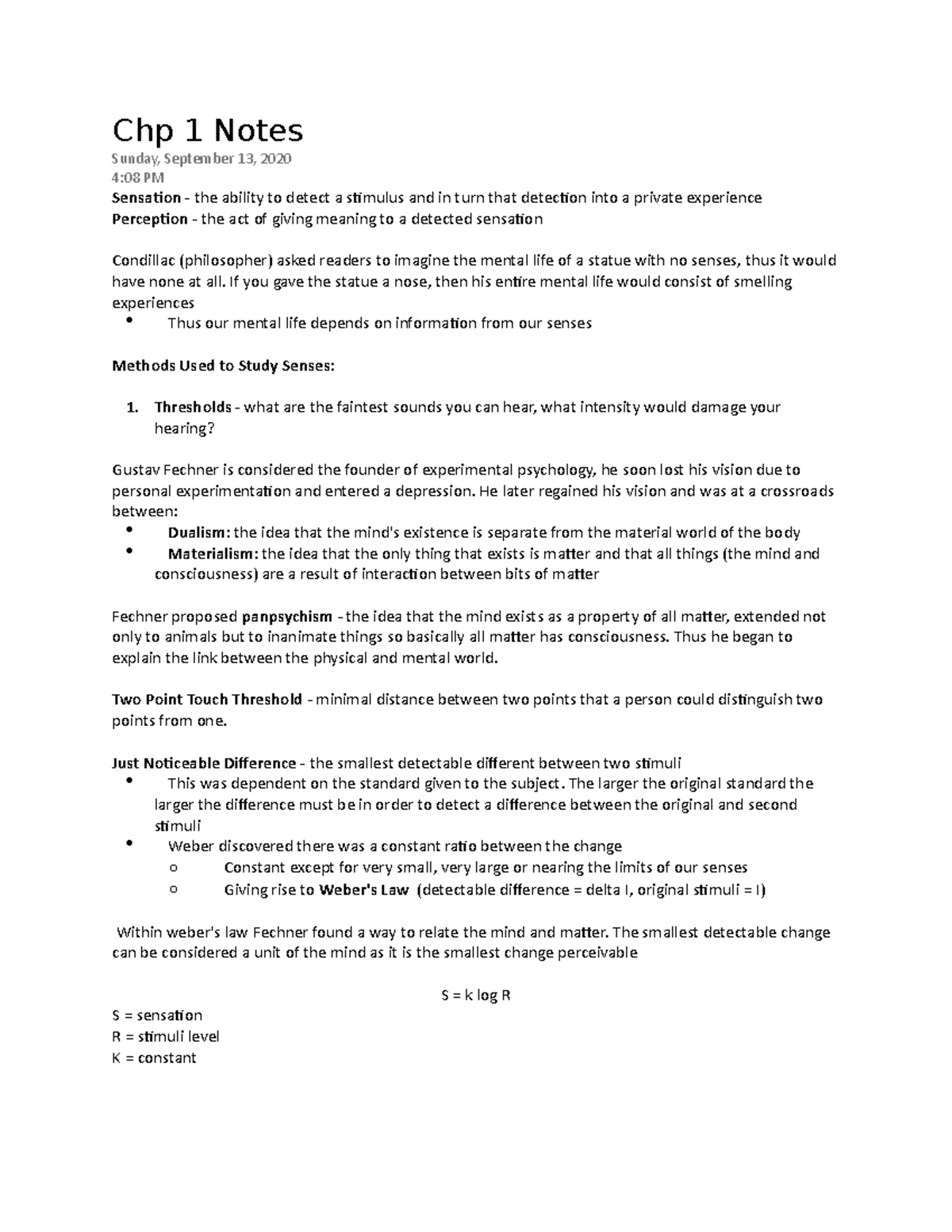 Chp 1 Notes - Chp 1 Notes Sunday, September 13, 2020 4:08 PM Sensation ...