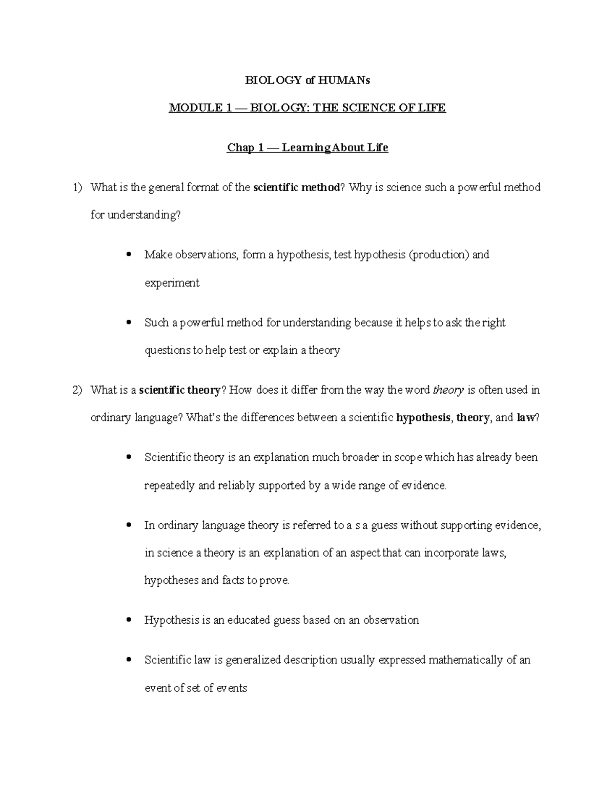 New exam 1 study guide - BIOLOGY of HUMANs MODULE 1 — BIOLOGY: THE ...