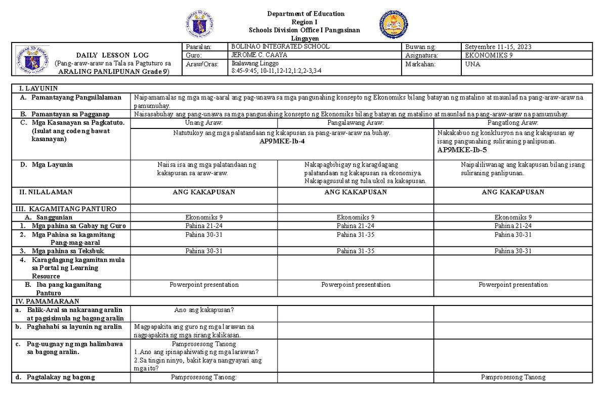 AP 9 1st Grading Week 2 - lesson plan - Department of Education Region ...