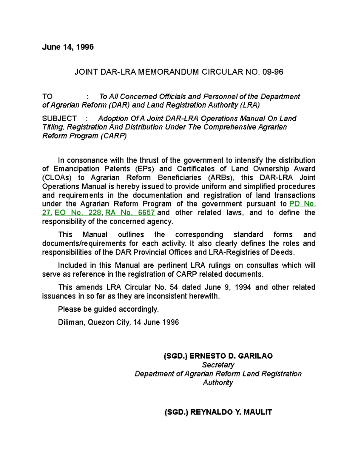 Joint DAR-LRA Memorandum Circular NO. 09-96 - June 14, 1996 JOINT DAR ...