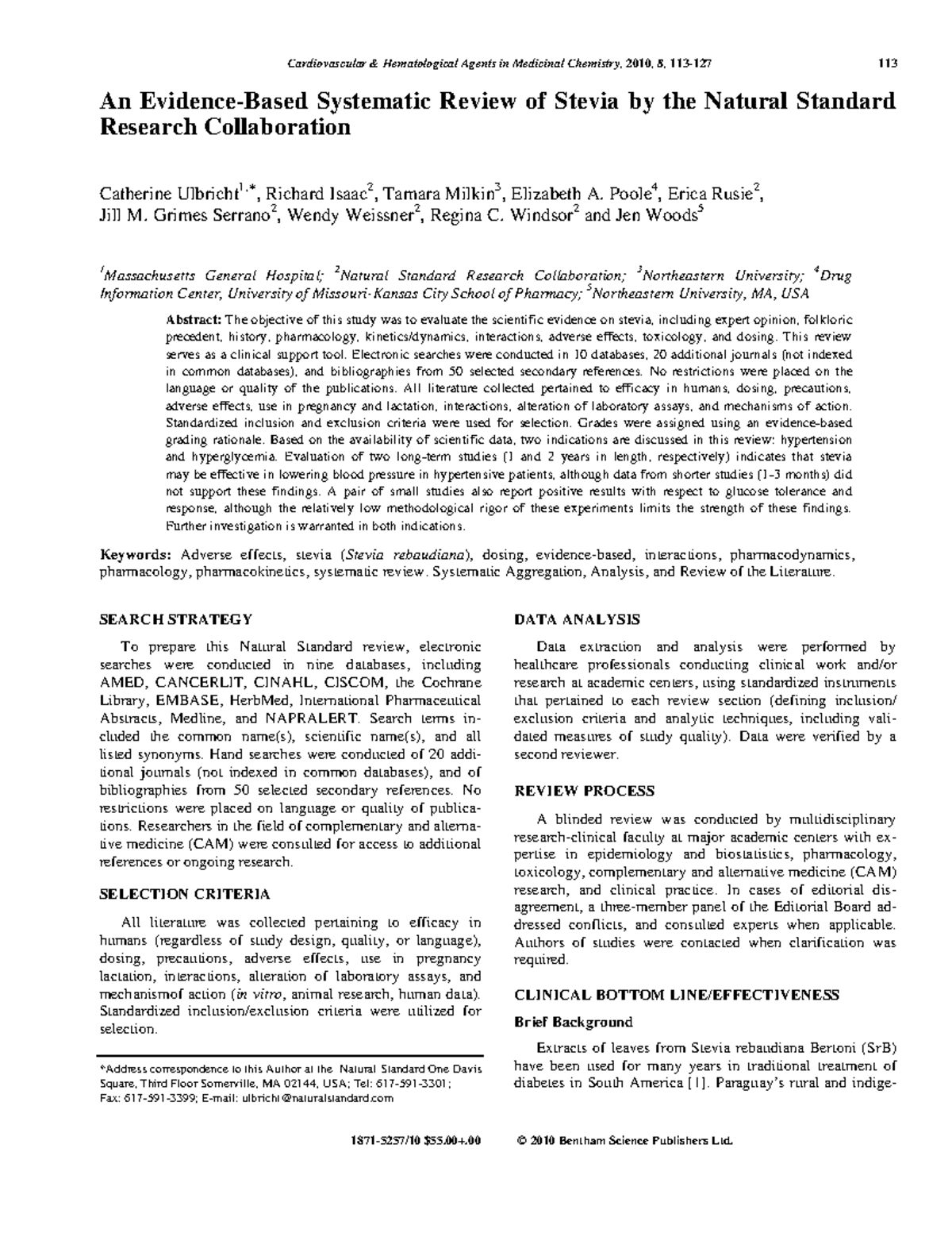 An Evidence-Based Systematic Review of Stevia by the Natural Standard ...