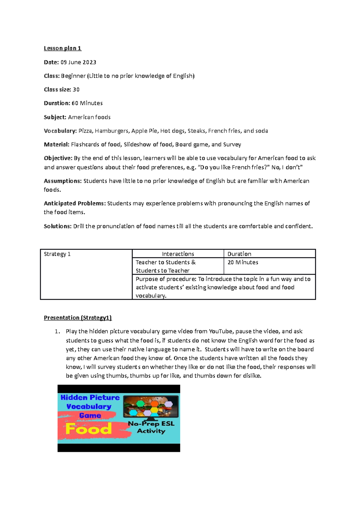 Assignment 2 American Foods - Lesson plan 1 Date: 09 June 2023 Class ...