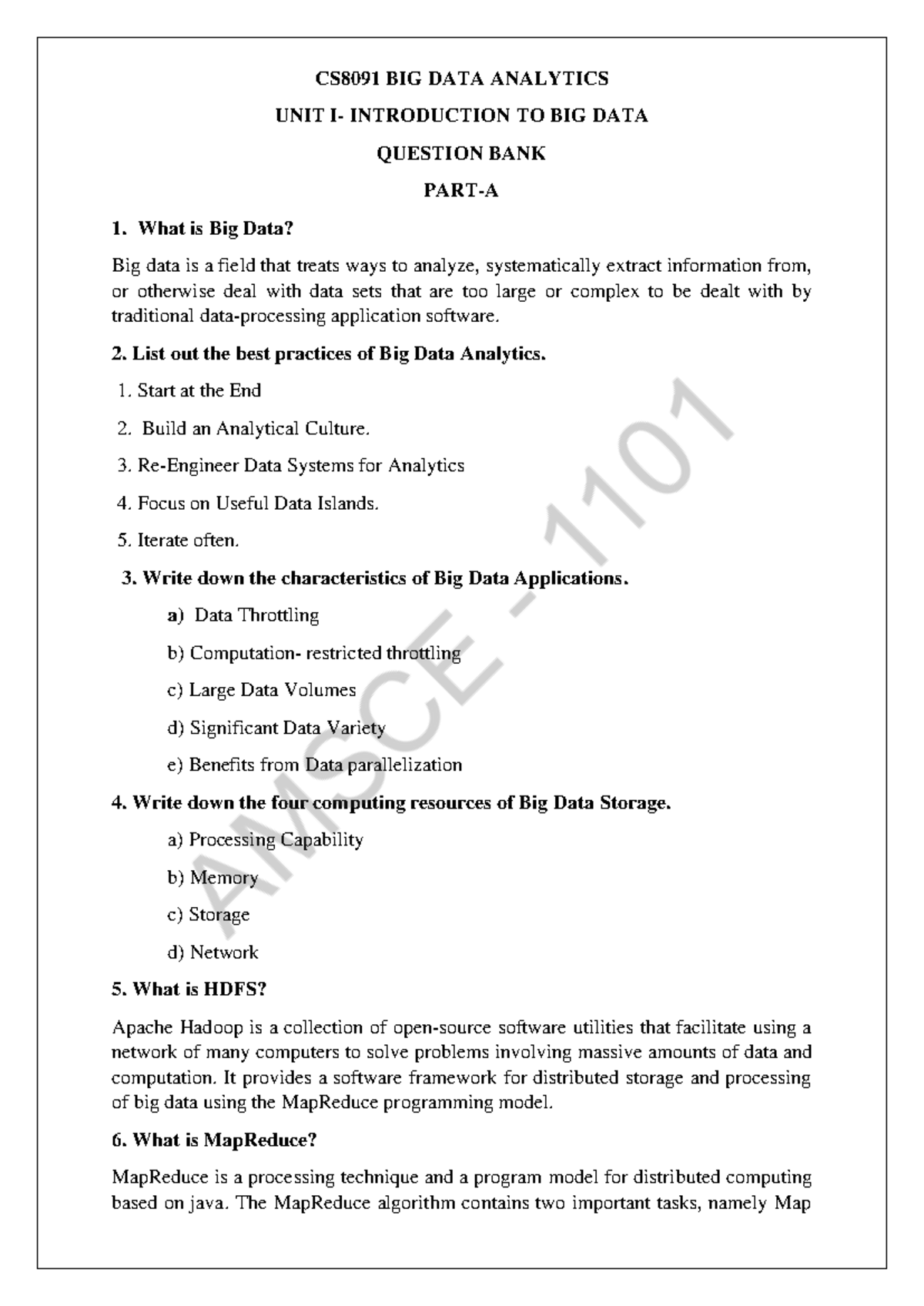 CS8091- Bigdata- Analytics- Question-BANK watermark - CS8091 BIG DATA ...