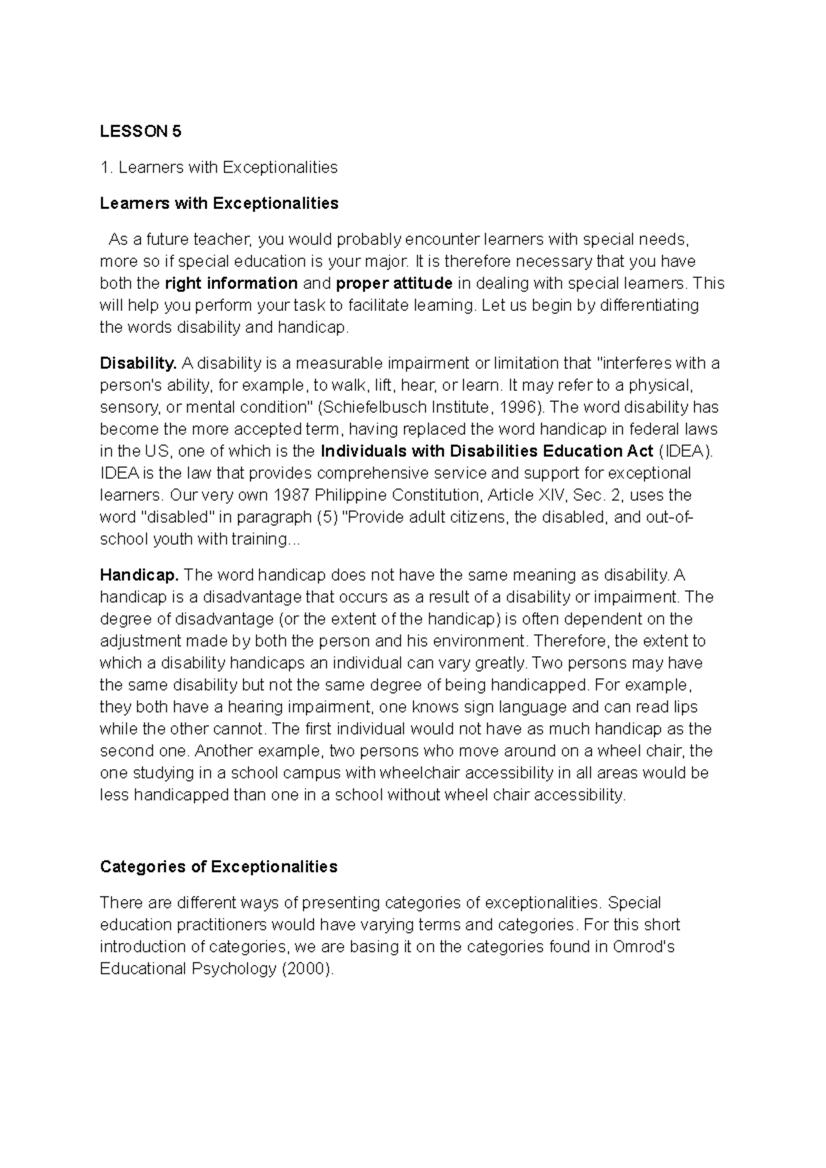 ED-1 [Lesson 5-9] - Lecture notes. - LESSON 5 Learners with ...