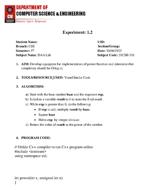 AIML Worksheet 2 - Alasso - DEPARTMENT OF COMPUTER SCIENCE & ENGINEERING Experiment1. Student ...