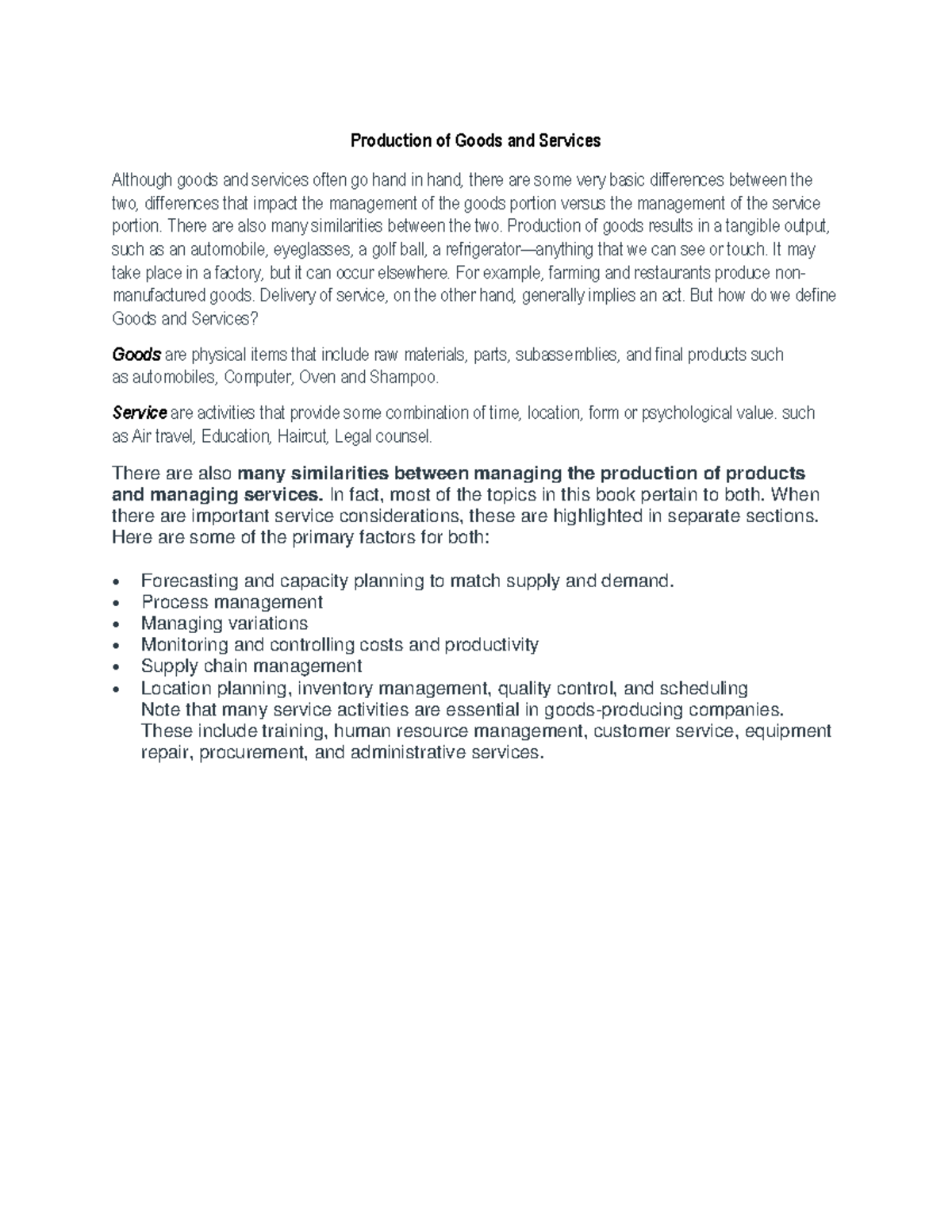 Production of Goods and Services Operation Management - Production of ...