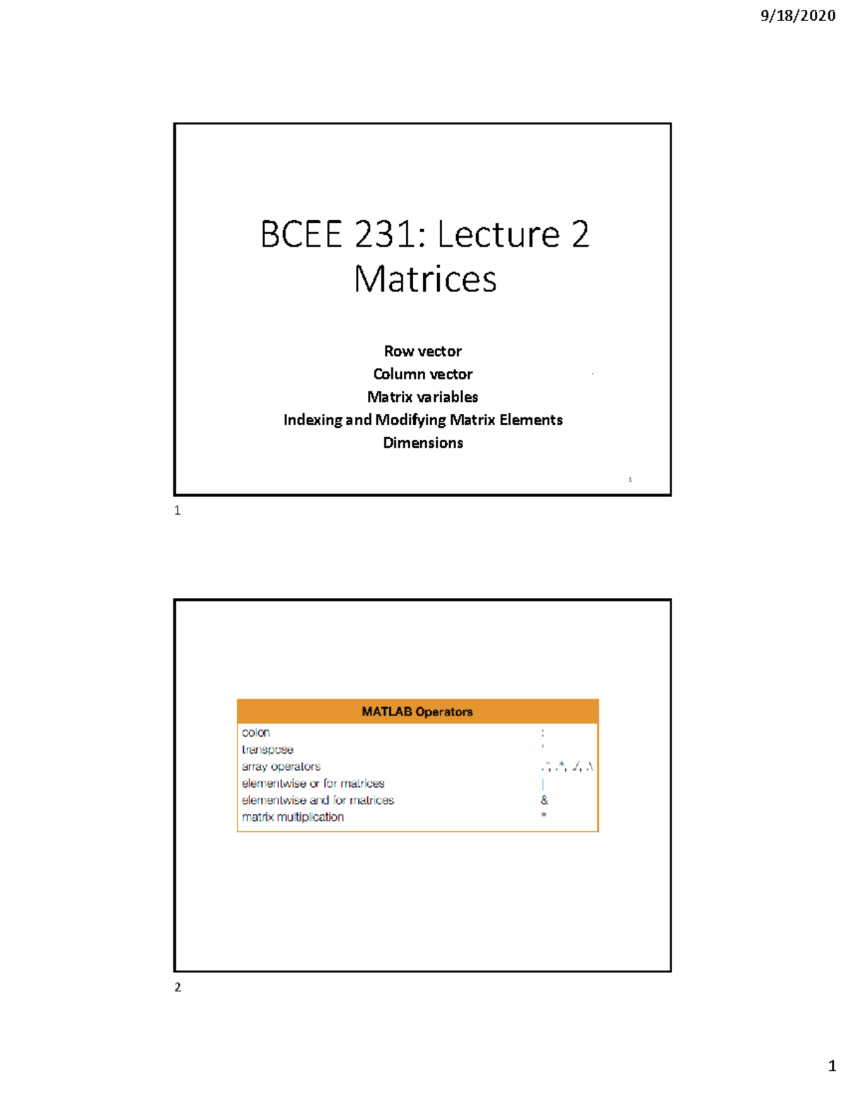 Lecture 2 Bcee 231 Lecture Matrices Row Vector Column Vector Matrix Variables Indexing And
