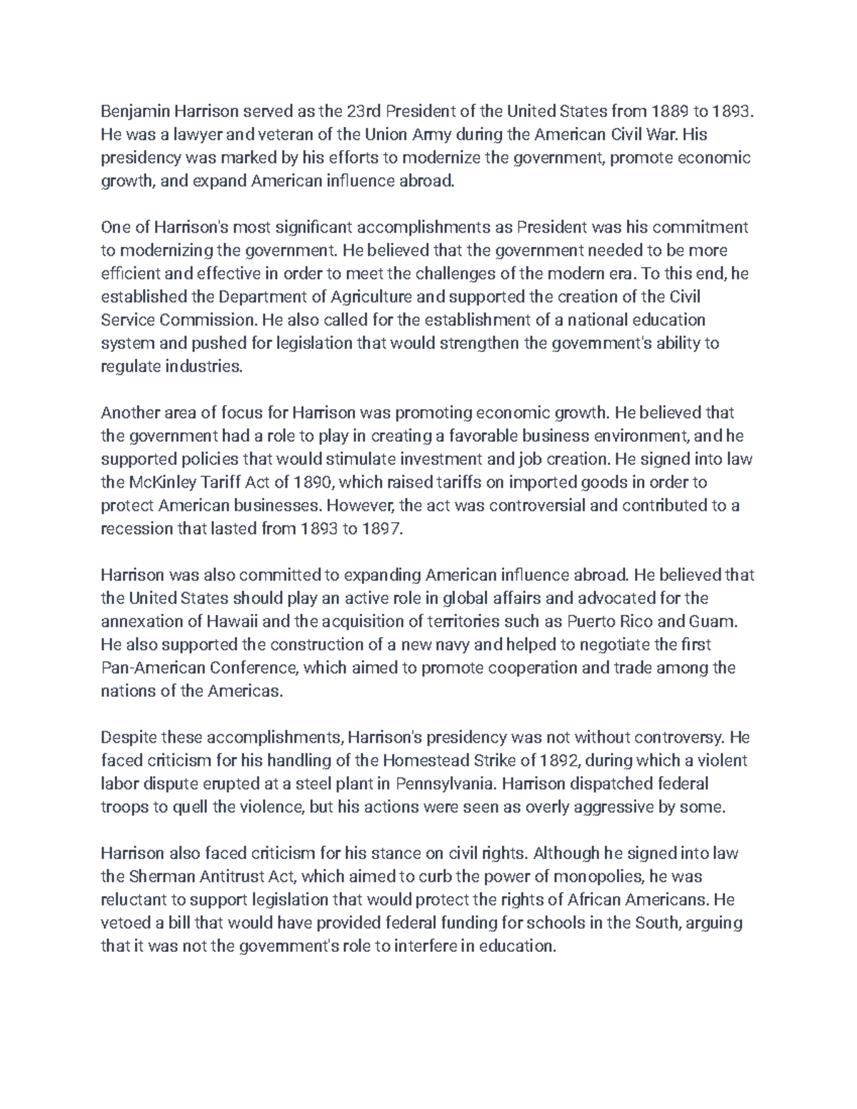 Benjamin Harrison Presidency - Benjamin Harrison served as the 23rd ...