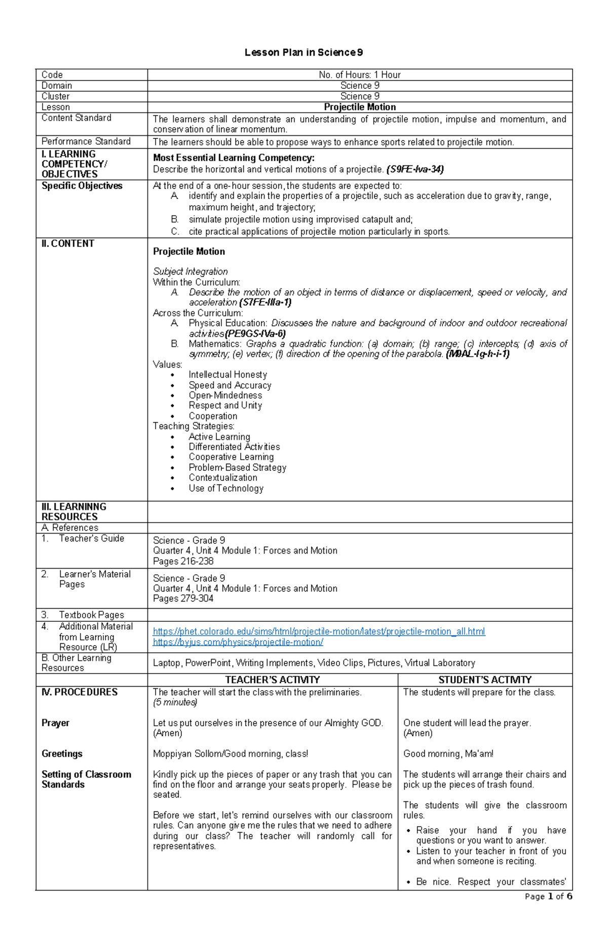 DEMO LP Grade 9 - SFHFUG - Lesson Plan in Science 9 Code No. of Hours ...