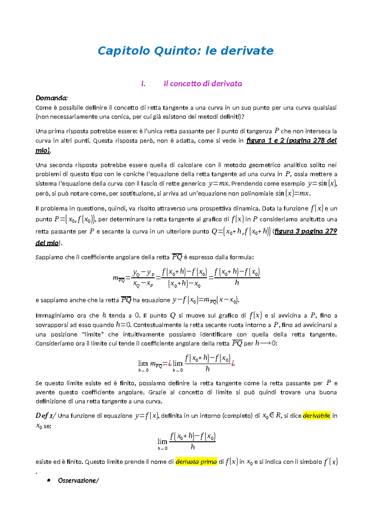 Le derivate - Riassunto Matematica generale - Capitolo Quinto: le ...