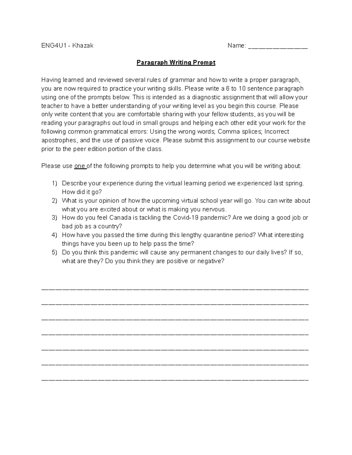 Copy of Grammar Writing Diagnostic - ENG4U1 - Khazak Name ...