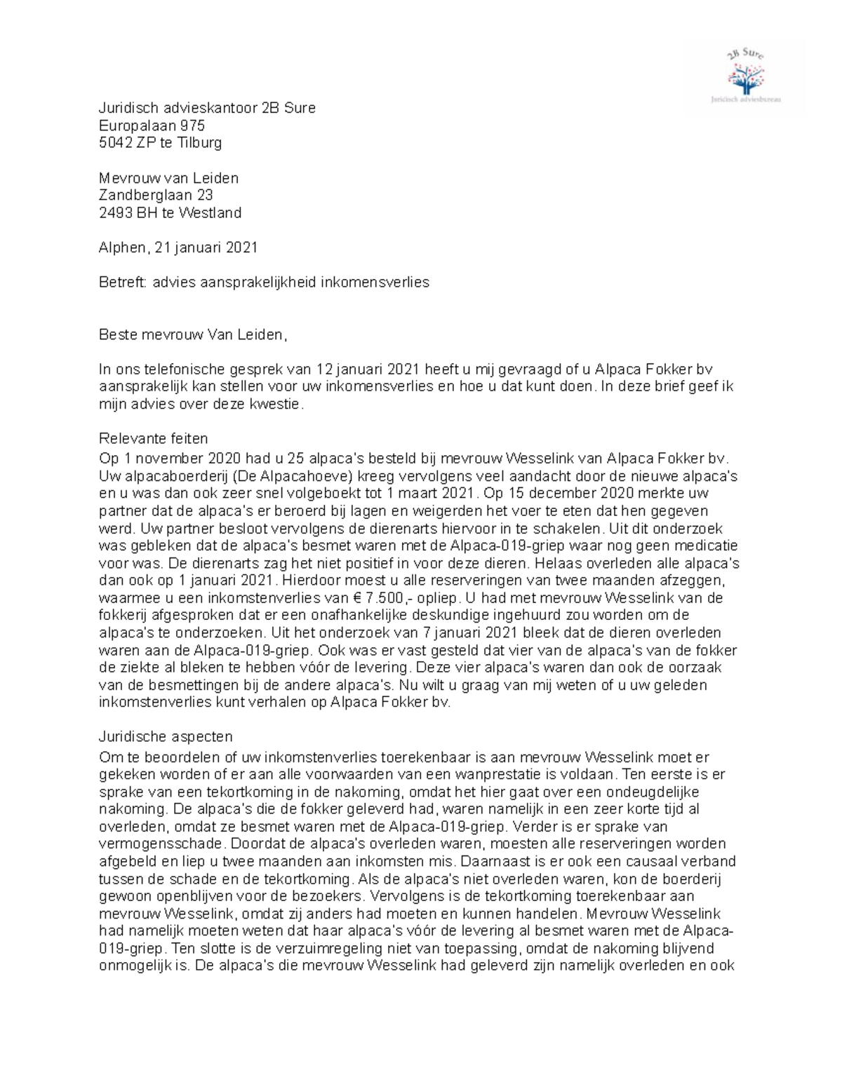 Adviesbrief tentamen - Juridisch advieskantoor 2B Sure Europalaan 975 ...