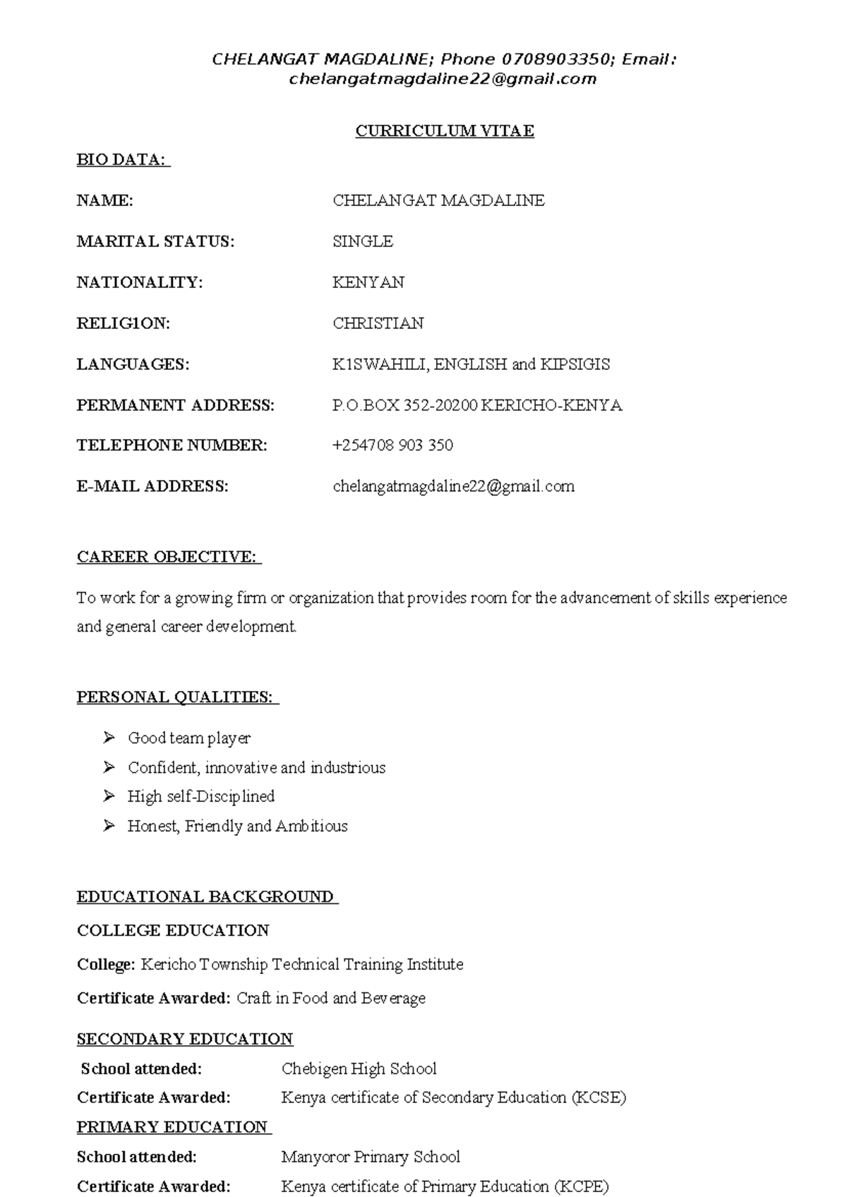 CV Chelangatdocx - mapampazuko - CHELANGAT MAGDALINE; Phone 0708903350 ...