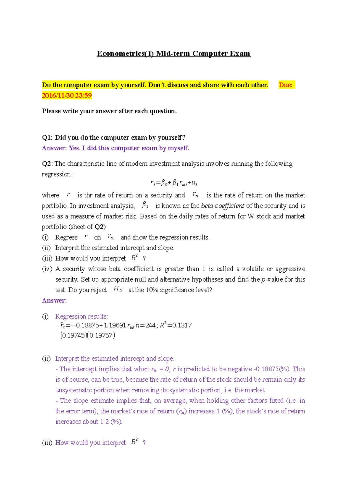 Midterm exam 30 November 2016, questions and answers - Econometrics(1 ...
