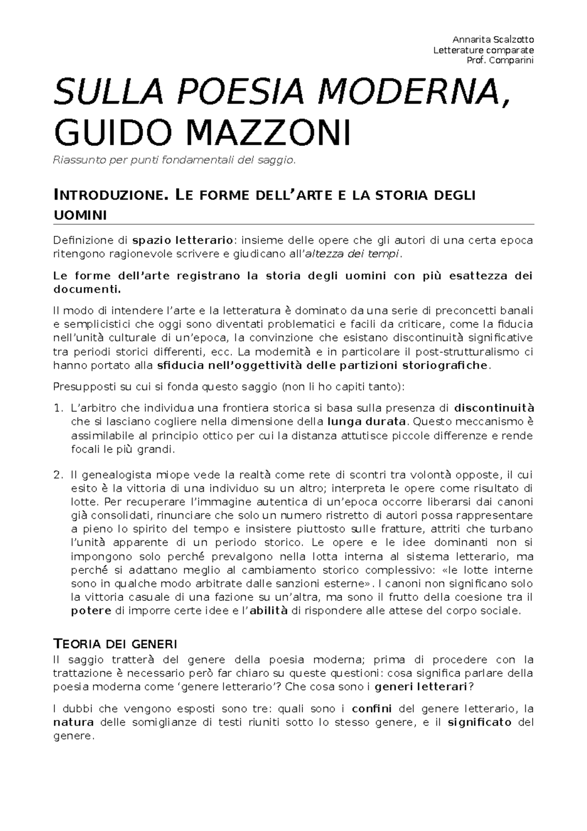 Sulla poesia moderna, Mazzoni - Letterature comparate Prof. Comparini ...