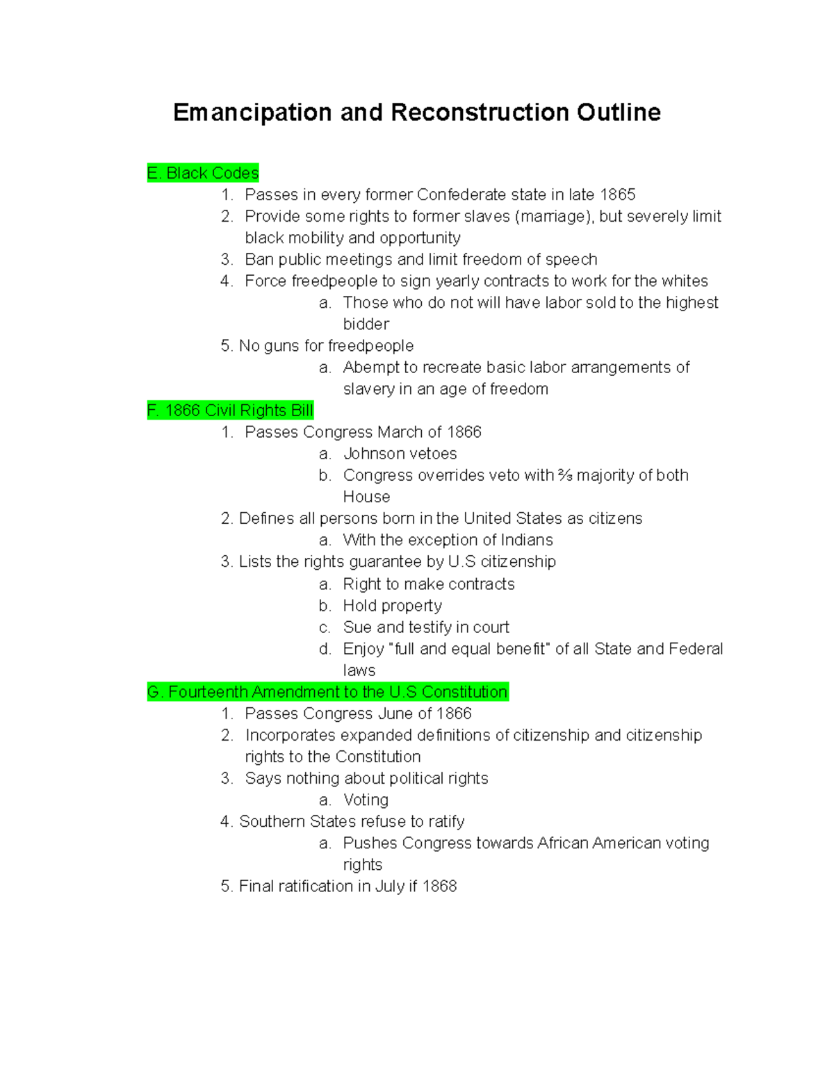 Emancipation and Reconstruction Outline Notes - Black Codes 1. Passes ...